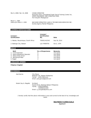 wilfredo guila resume crane operator | PDF