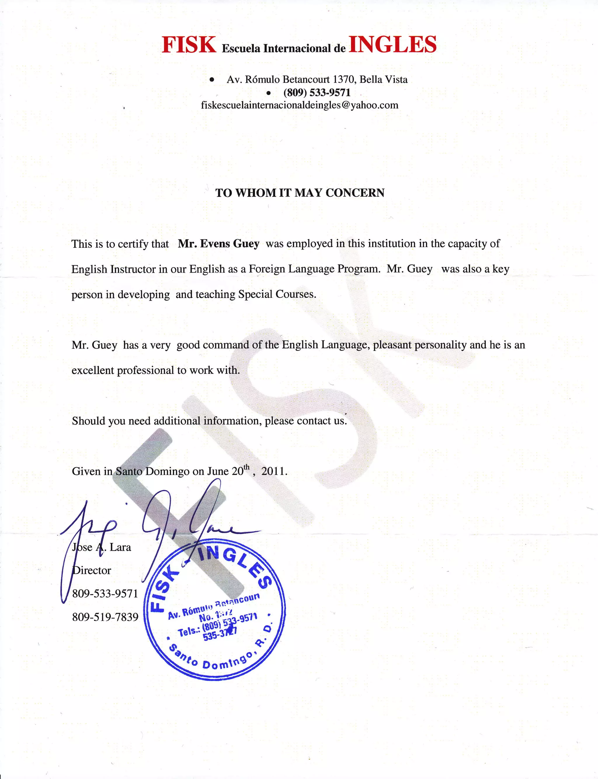 Recommendation letter _ FISK_Director-Jose A Lara | PDF | Education