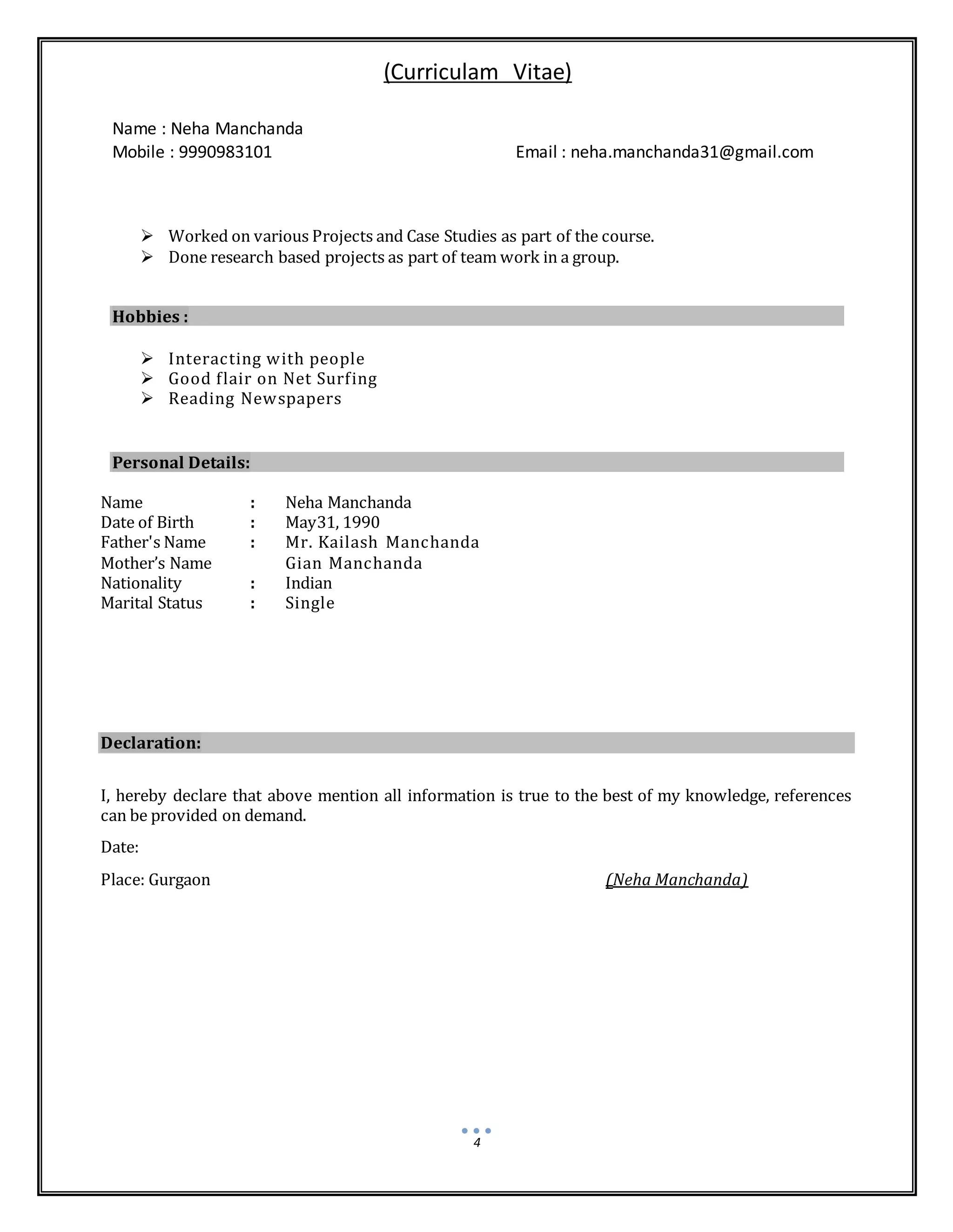 Neha CV_Updated | DOCX | Resume Writing and Advice | Job Search