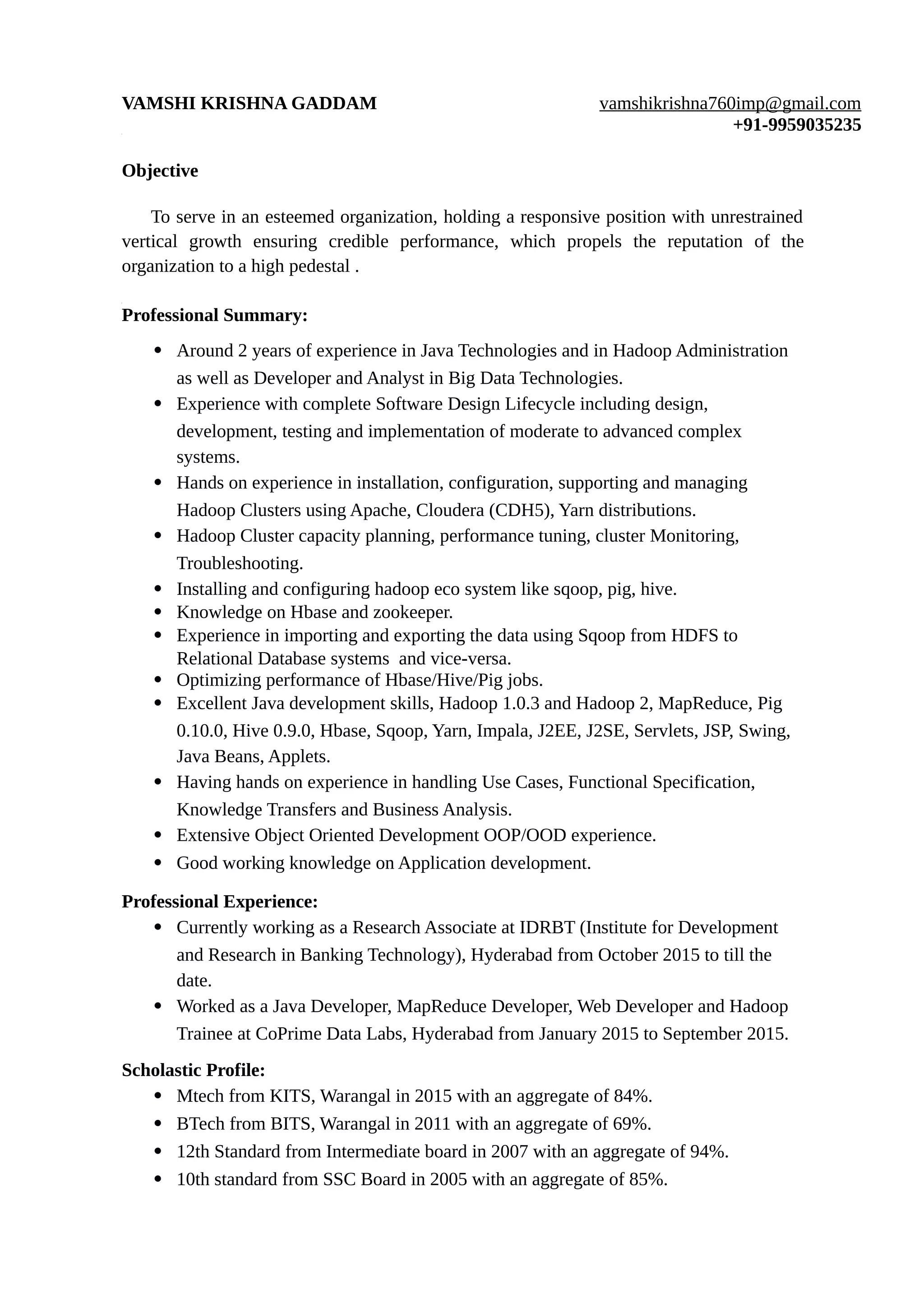 VAMSHI KRISHNA GADDAM IDRBT Experienced RESUME | PDF