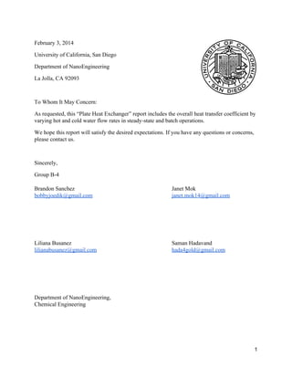 Plate Heat Exchanger Lab Report Group B4 | PDF