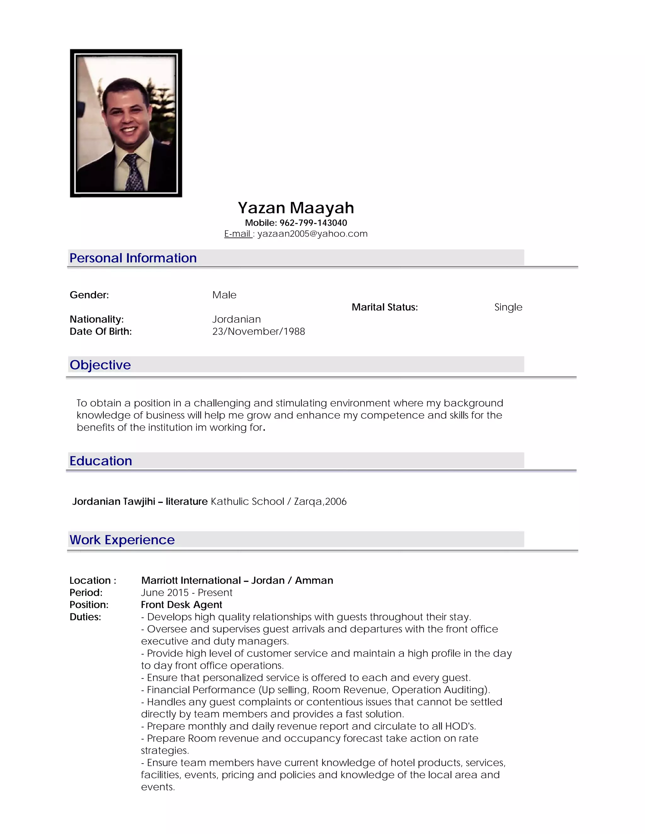 Yazan CV cc | PDF | Hospitality Industry | Industries