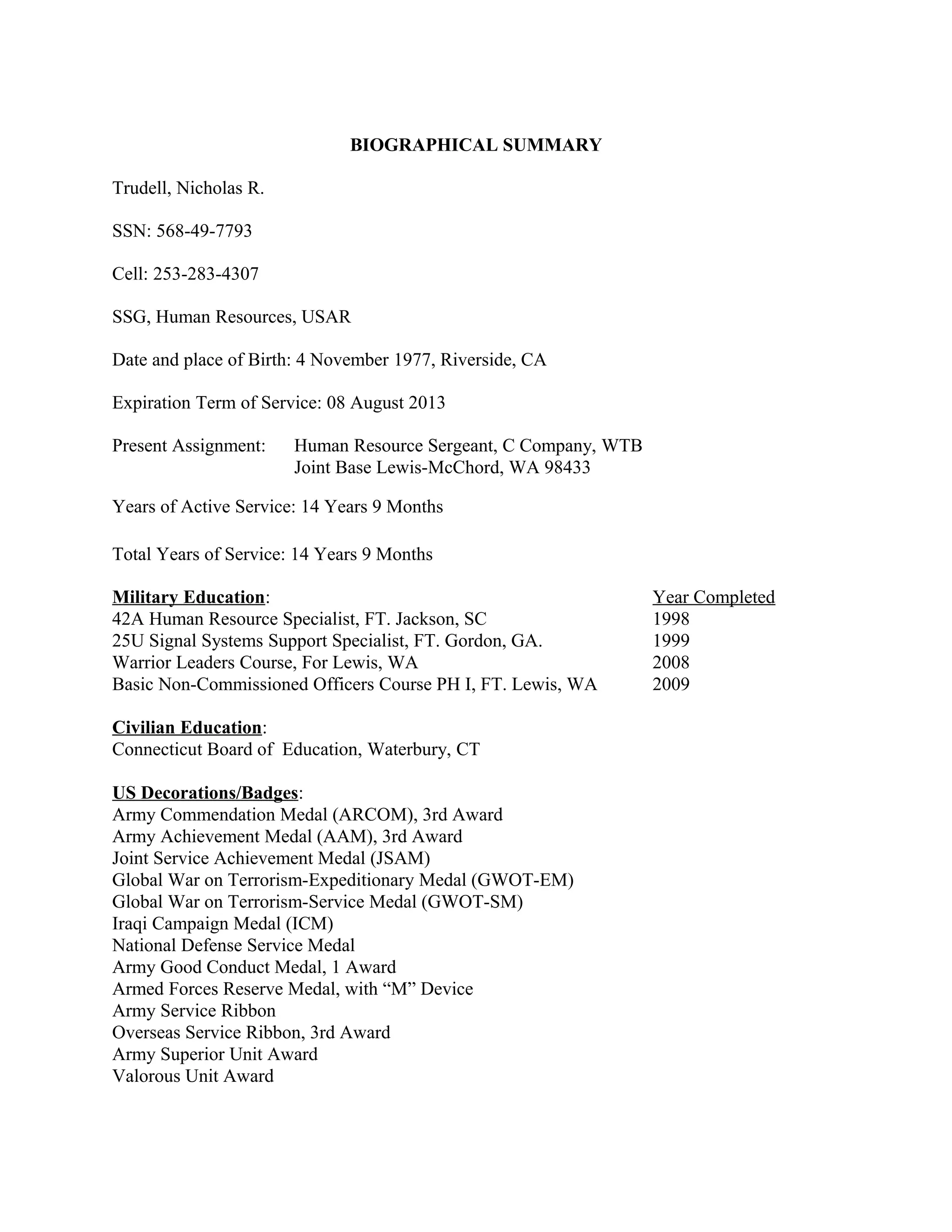 Trudell military bio summary | DOC