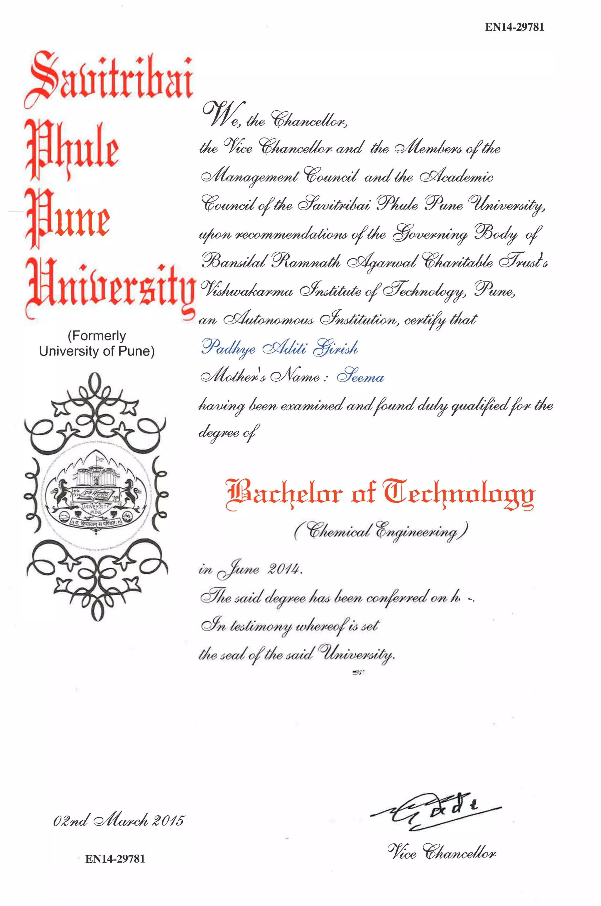 Aditi Padhye - Degree Certificate (B-Tech Chemical Engineering) | PDF