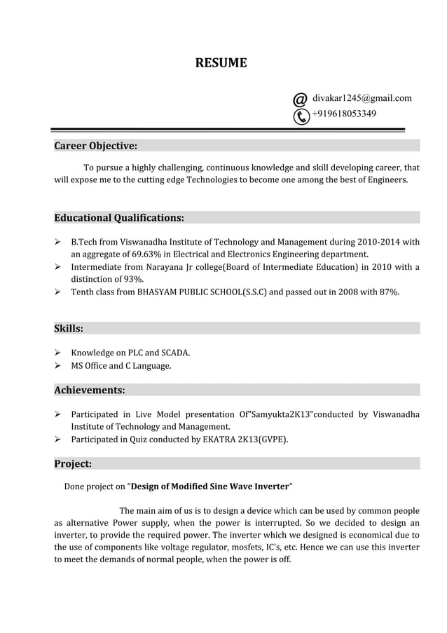 Electrical Engineer Resume | DOC