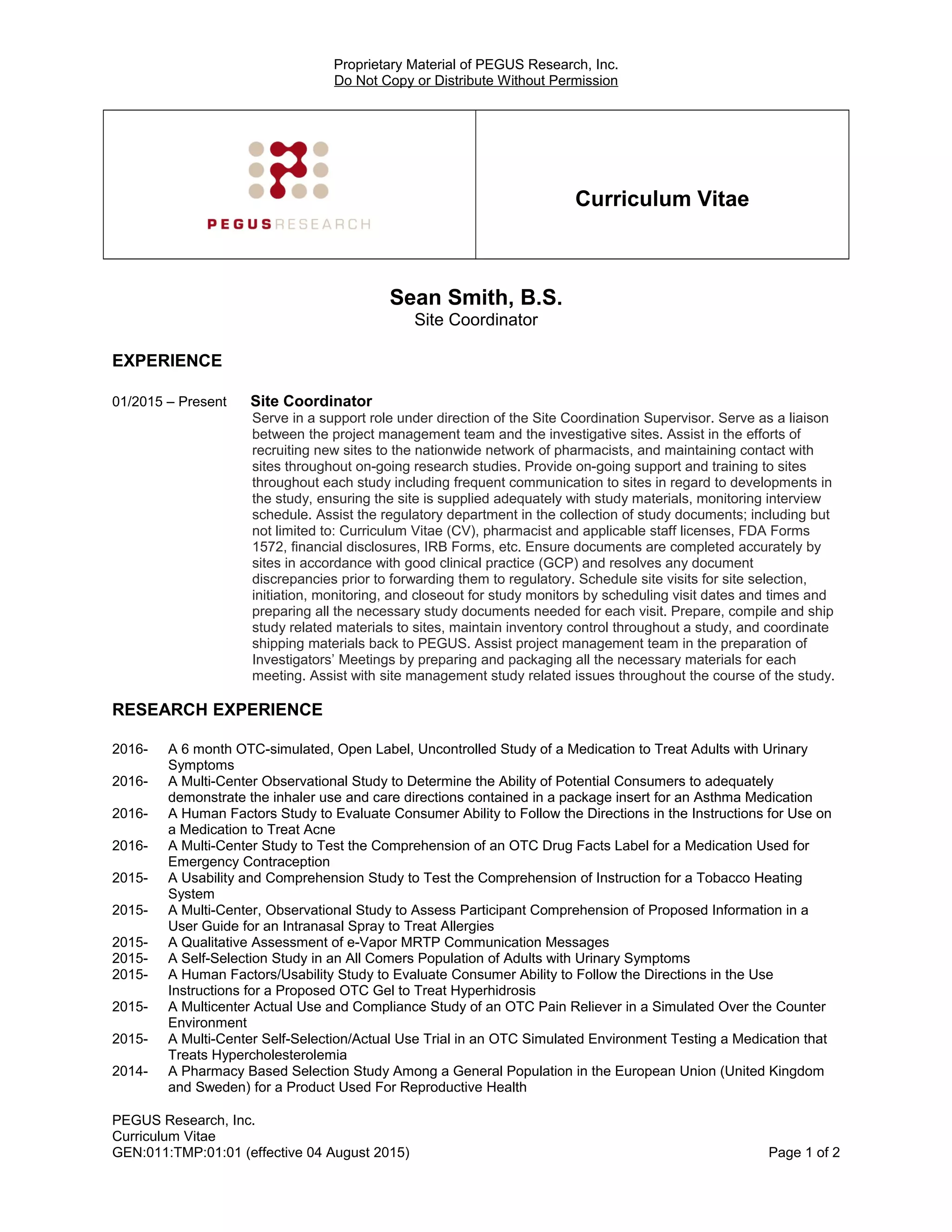 Smith Sean_CV_Site Coordinator | PDF