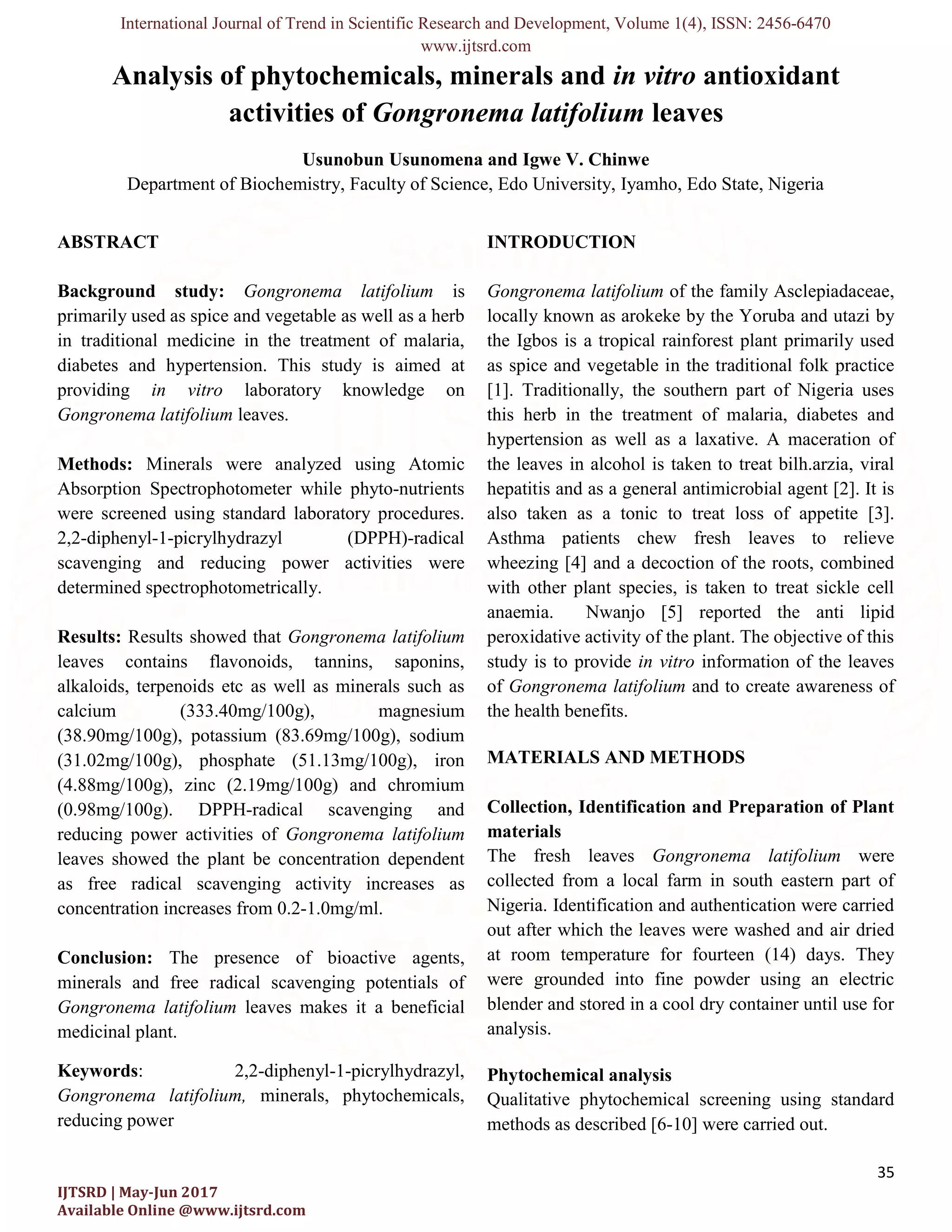 Analysis of phytochemicals, minerals and in vitro antioxidant activities of Gongronema ...