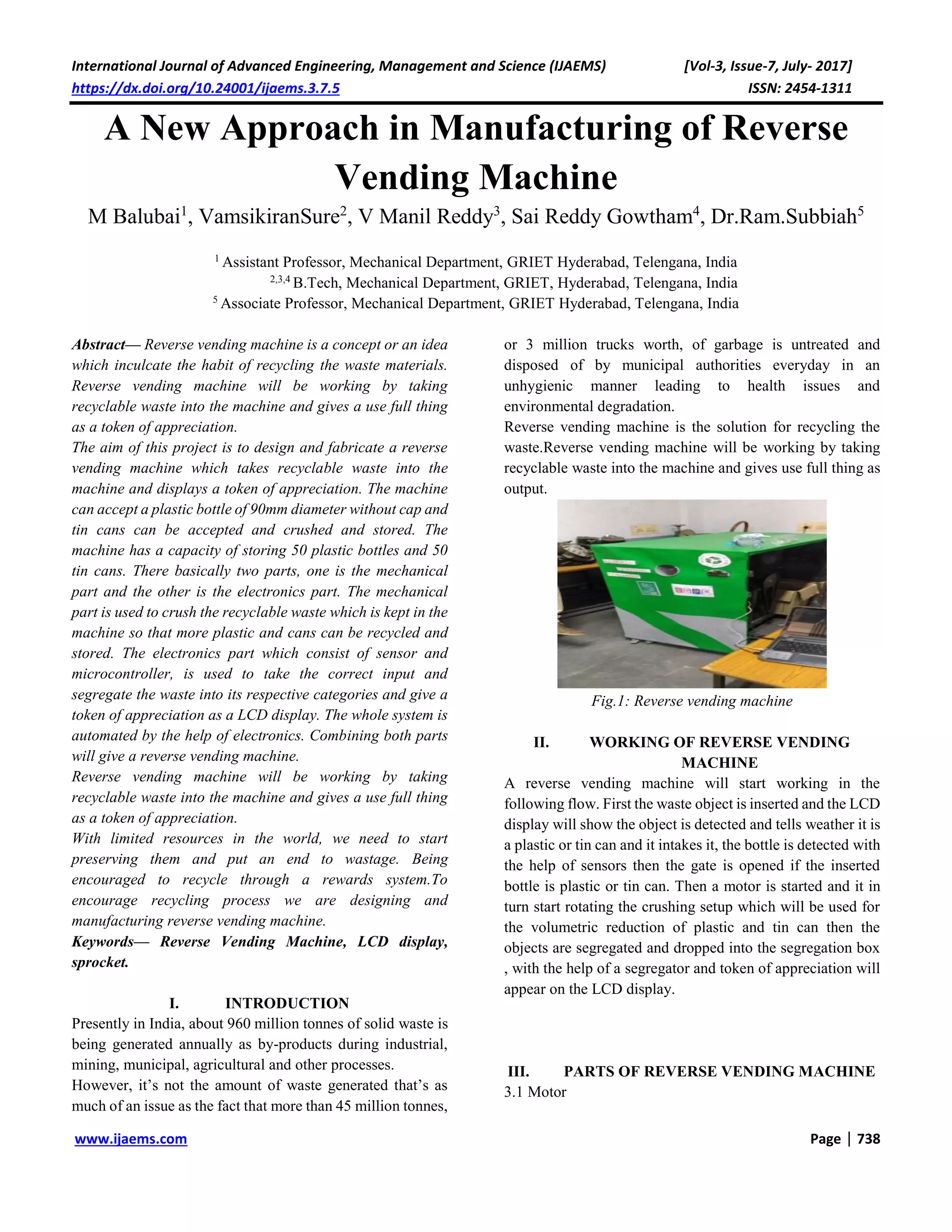 A New Approach in Manufacturing of Reverse Vending Machine | PDF