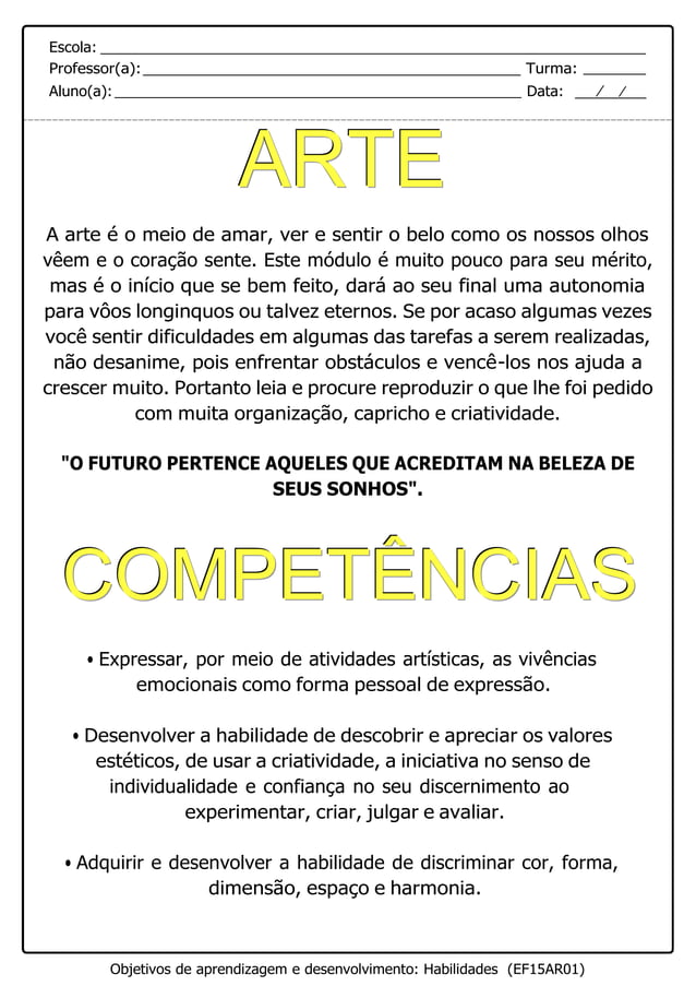 ATIVIDADE DE ARTE PARA O 5º ANO DO Ensino Fundamental | DOCX | Education