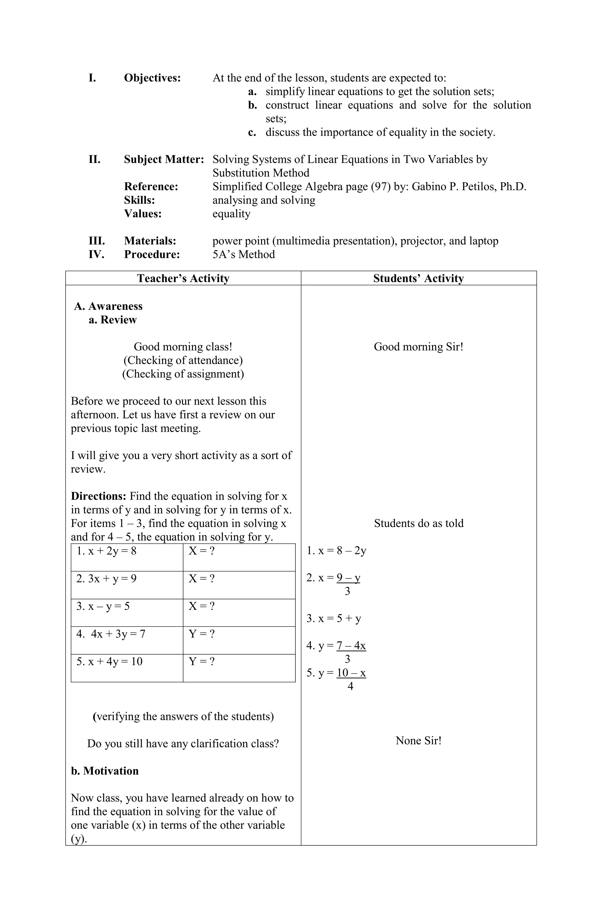 5As Method of Lesson Plan on Ssolving systems of linear equations in two variables by ...