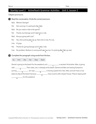 Guía de Ingles libro start up 2 lesson 2 | PDF