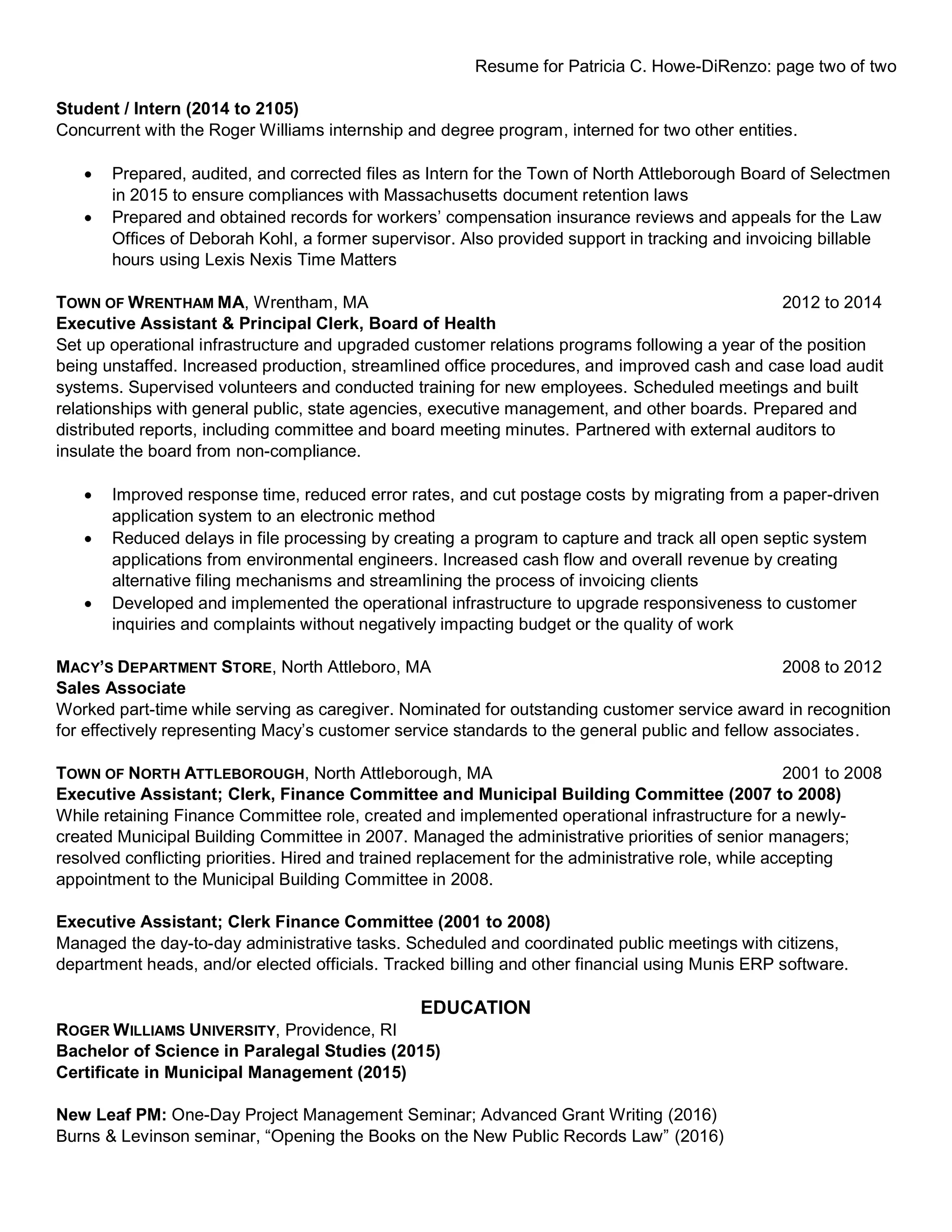 RESUME2 PATRICIA HOWE DIRENZO | PDF