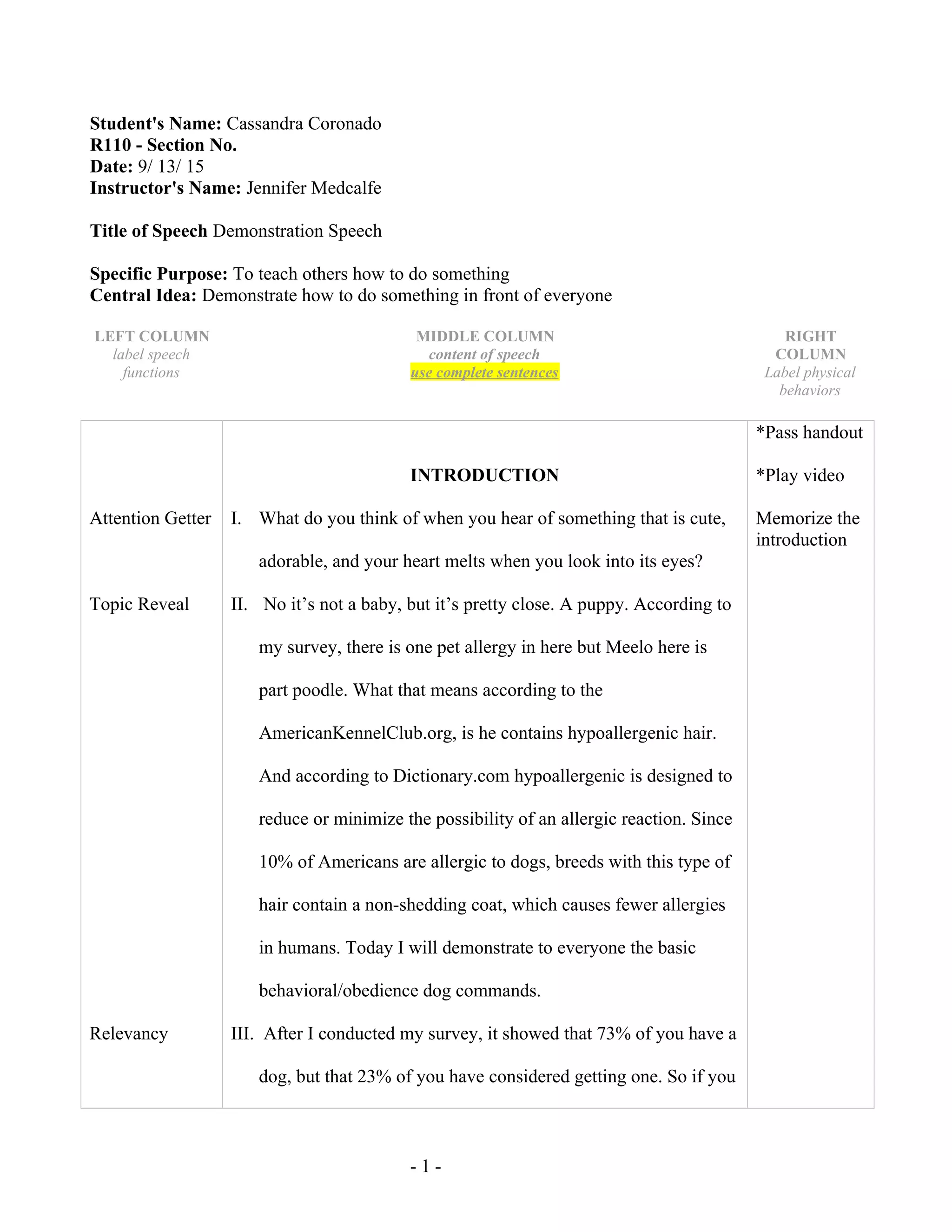 Demonstration Speech Outline | DOC