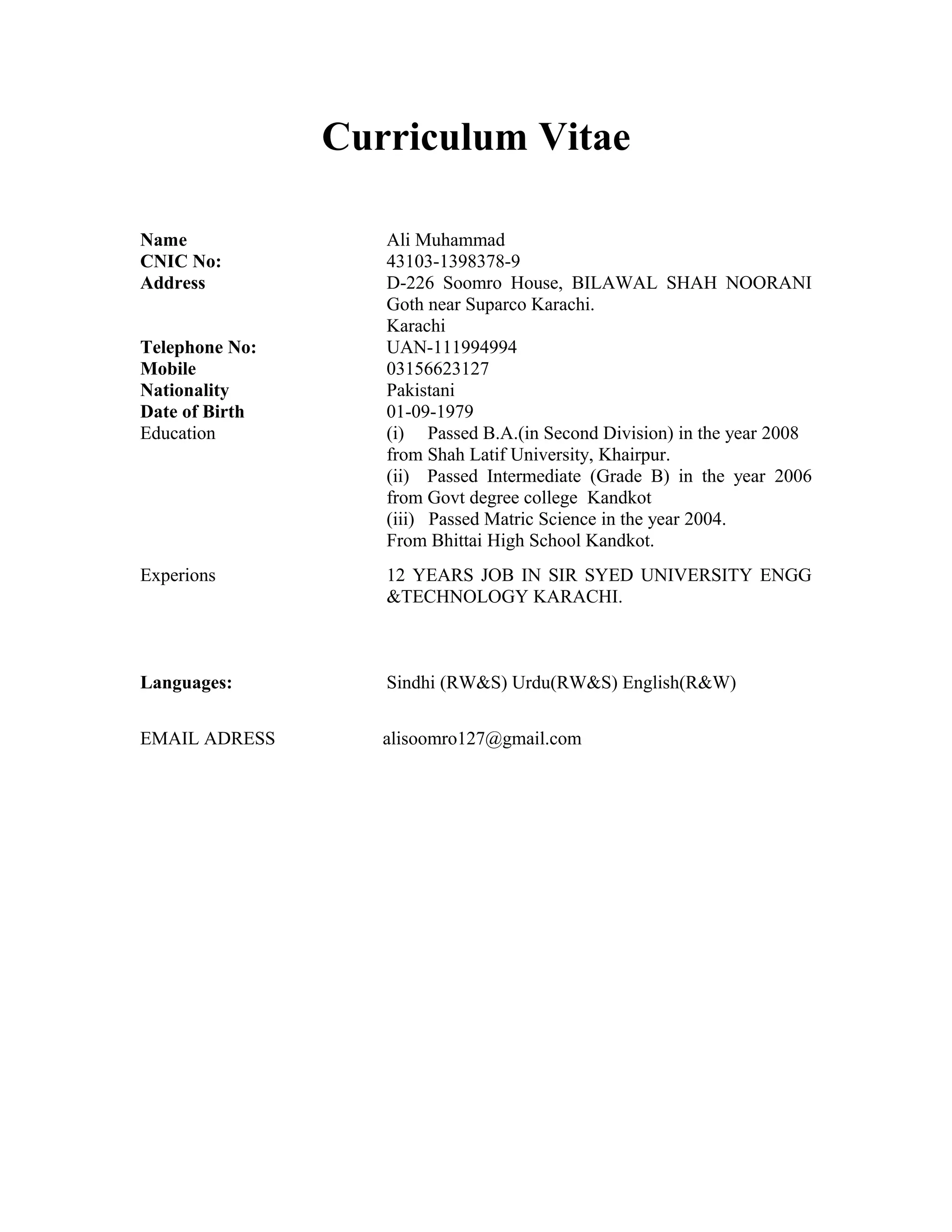 Curriculum Vitae Ali Muhammad | PDF