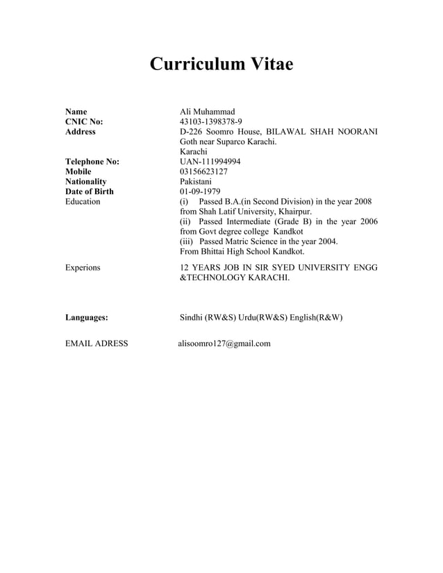 Curriculum Vitae Ali Muhammad | DOC