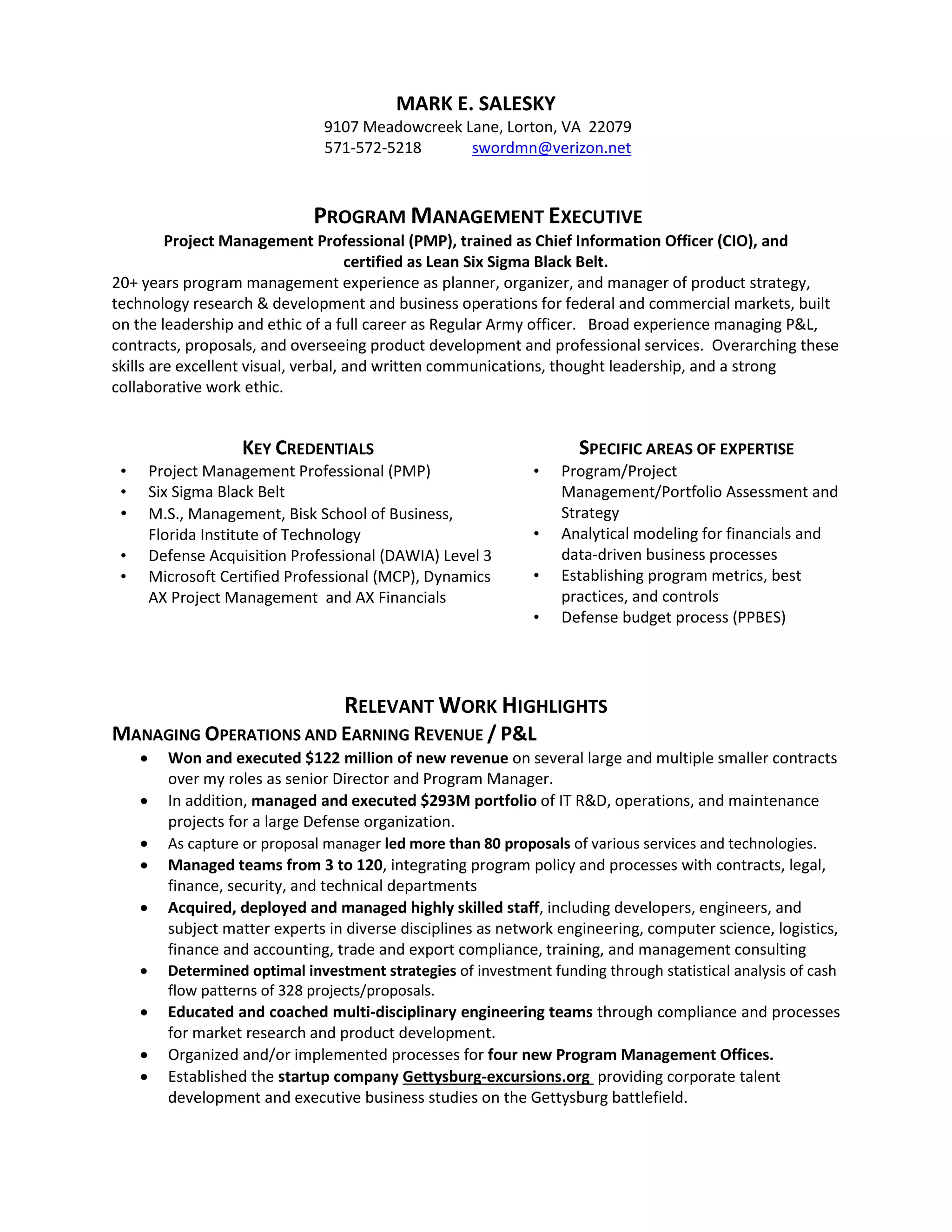 Resume Mark Salesky PMC4.T | PDF | Management Consulting Industry ...