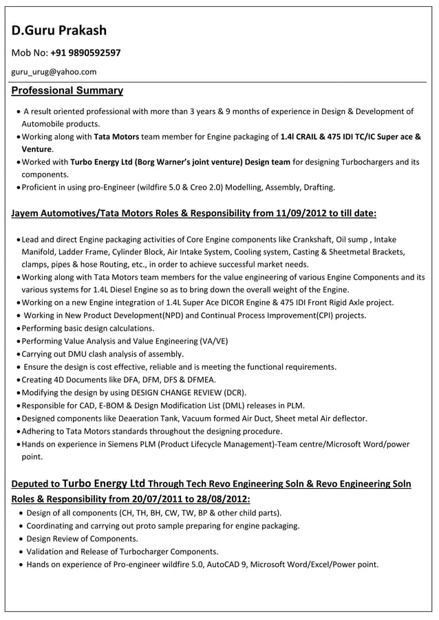 3 years And 9 Months experience in Mechanical Design (Engine Turbochargers) | PDF | Auto ...