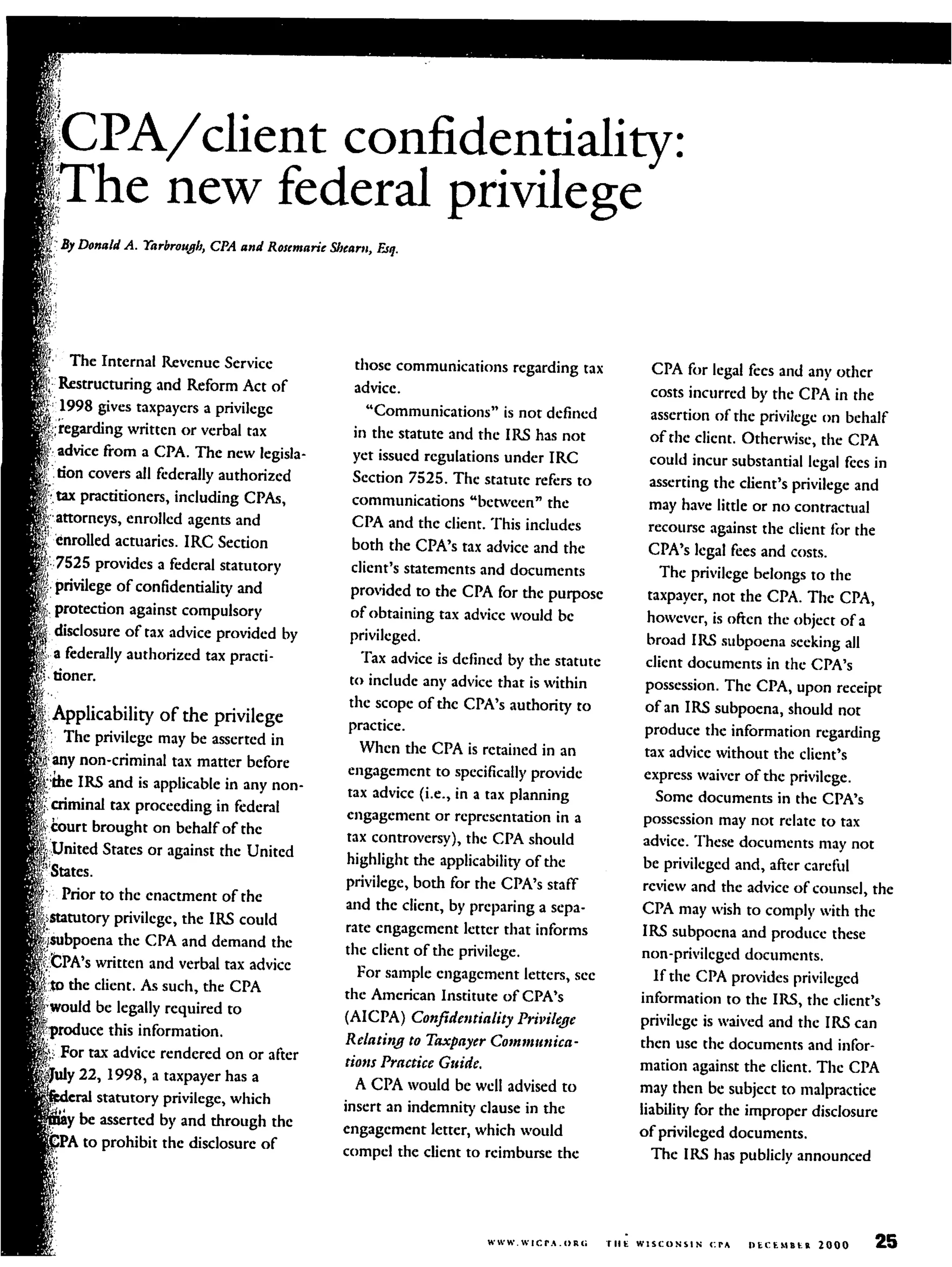 Wisconsin CPA Article - Shearn December 2000 | PDF | Free Download