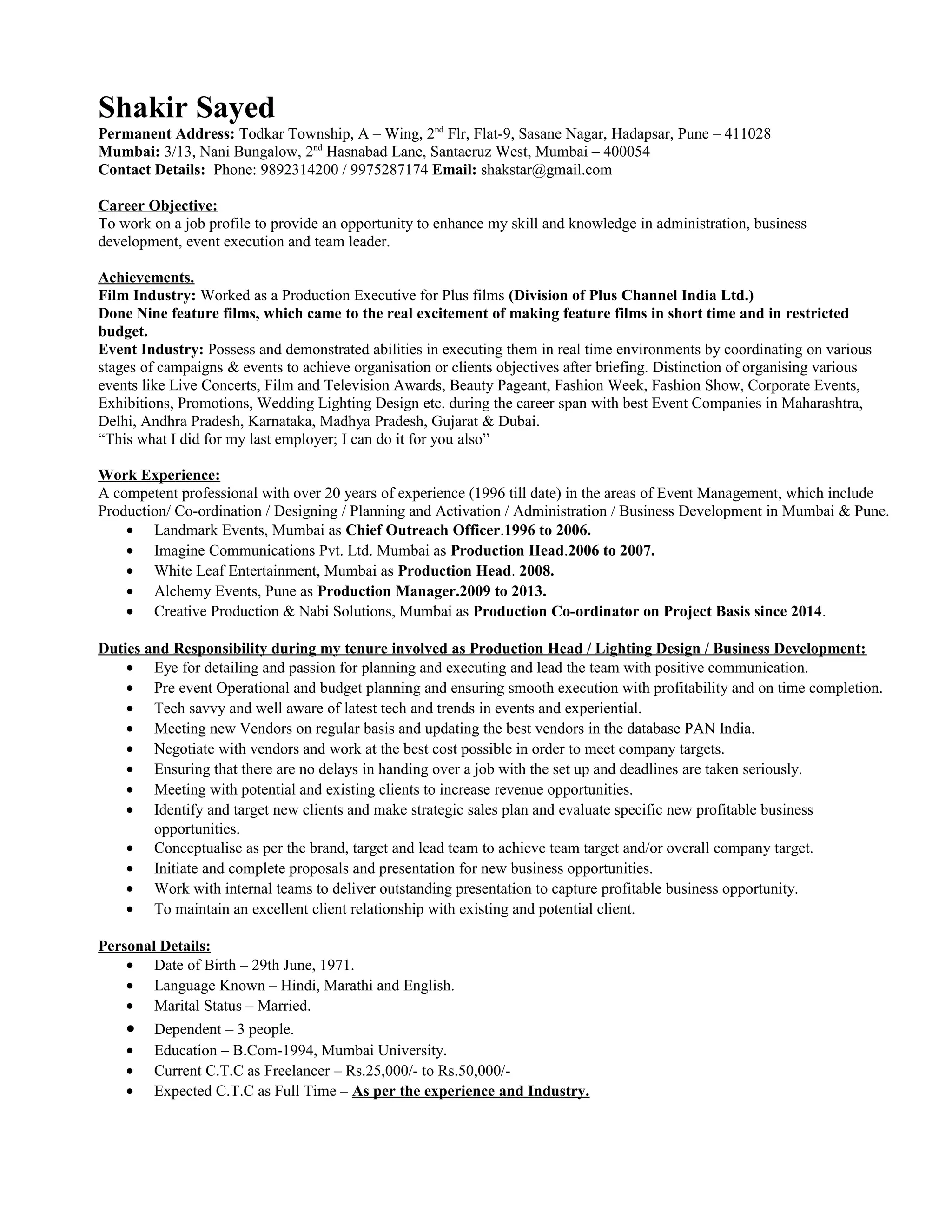 Resume Shakir Sayed | DOC