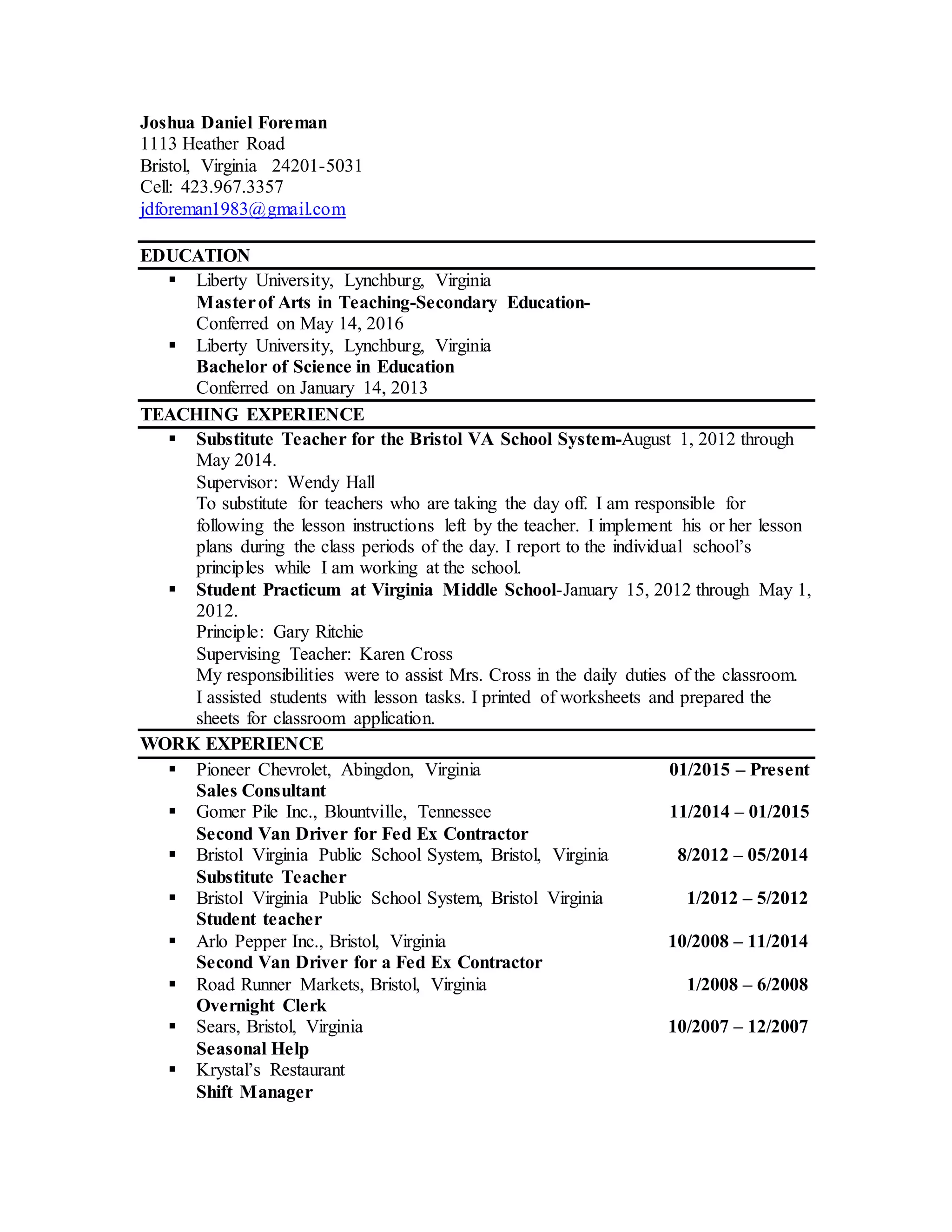 Foreman Joshua CV Resume | DOCX