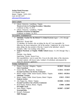 Foreman Joshua CV Resume | DOCX