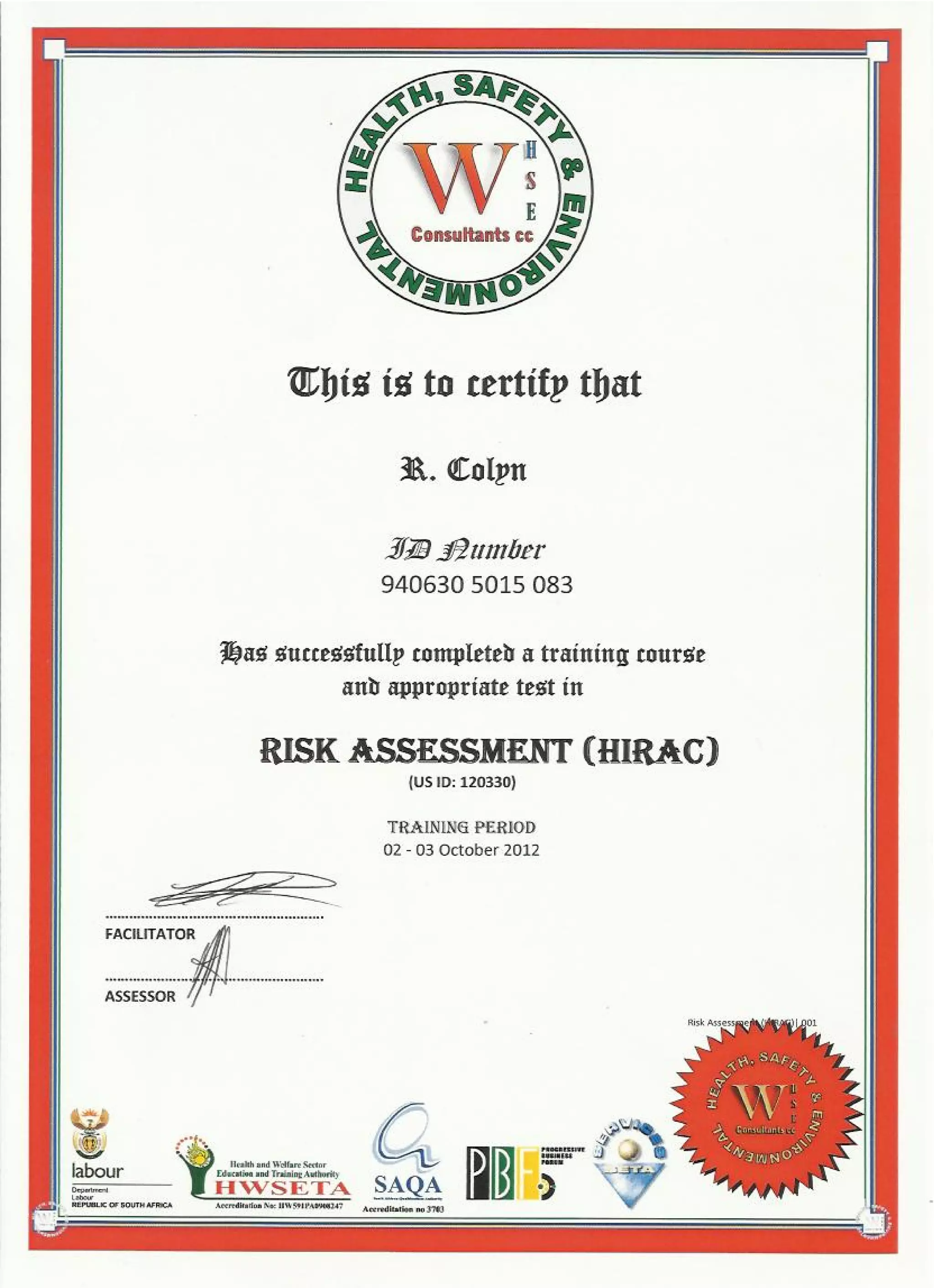 RL Colyn - WHSE - Risk Assessment | PDF