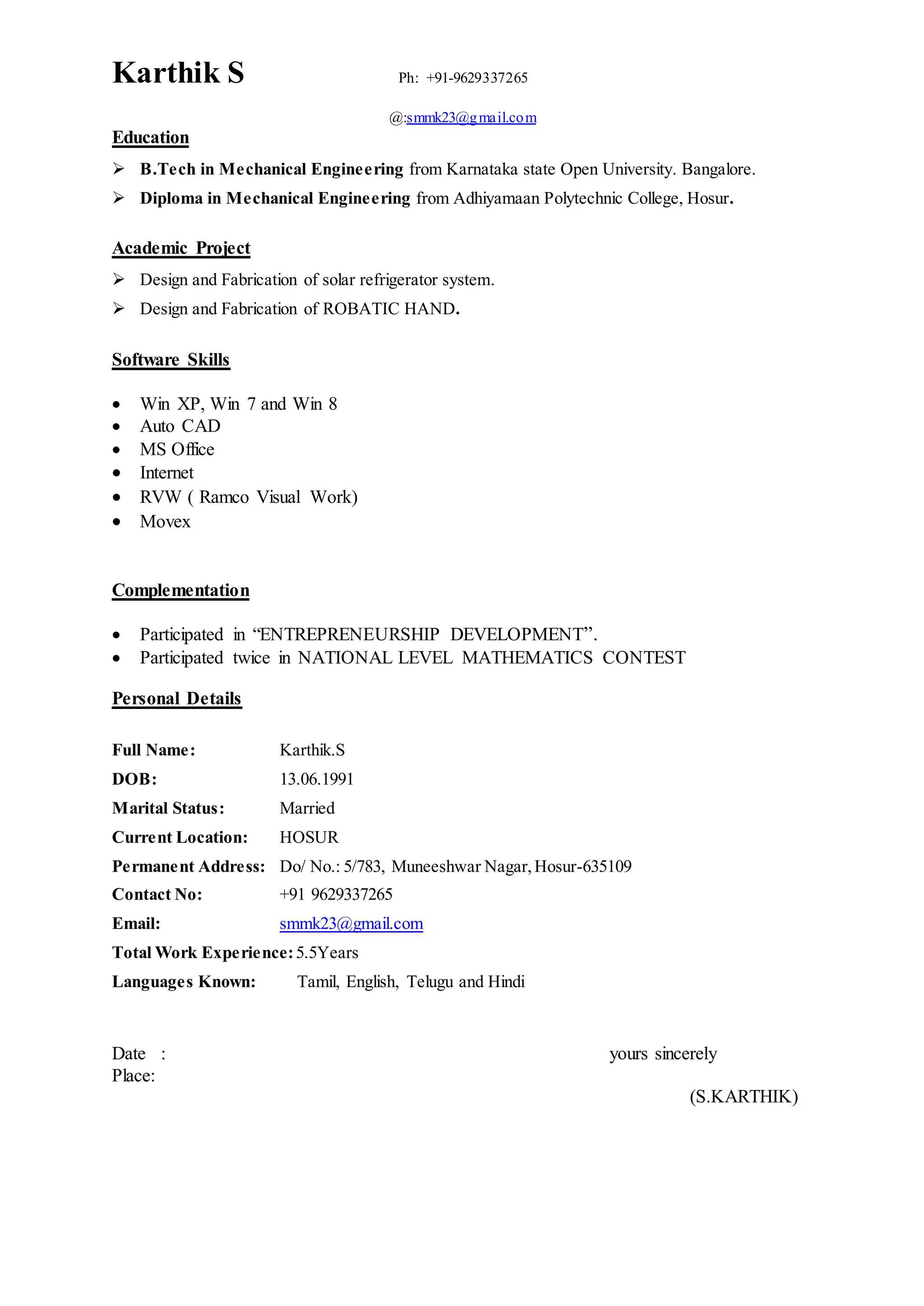 Karthik S - 5.5 Years of Experience | DOCX | Business | Business and Finance