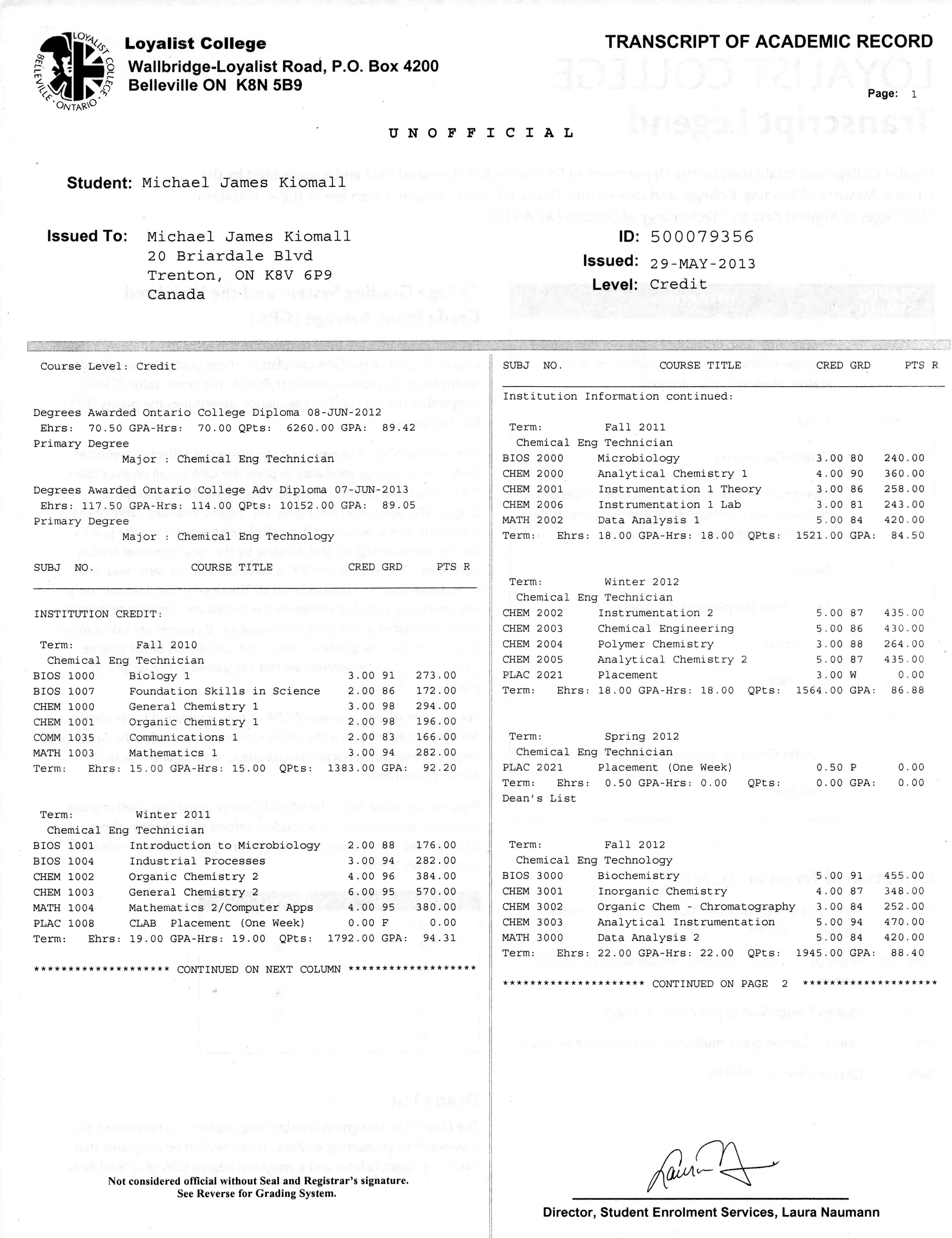 Michael Kiomall Loyalist CollegeTranscript | PDF