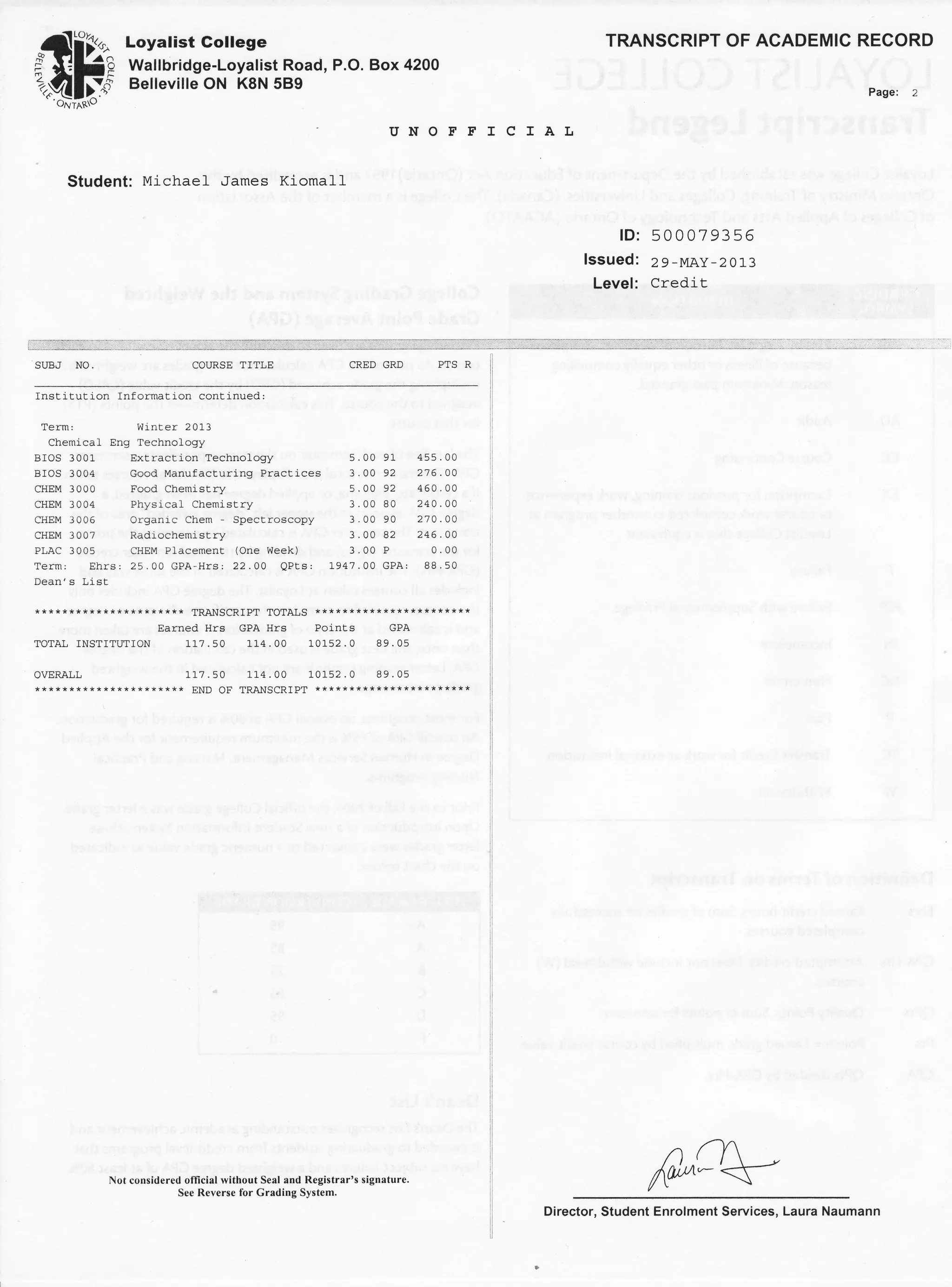 Michael Kiomall Loyalist CollegeTranscript | PDF