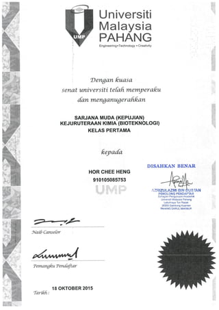 Degree Cert_Hor Chee Heng_UMP | PDF