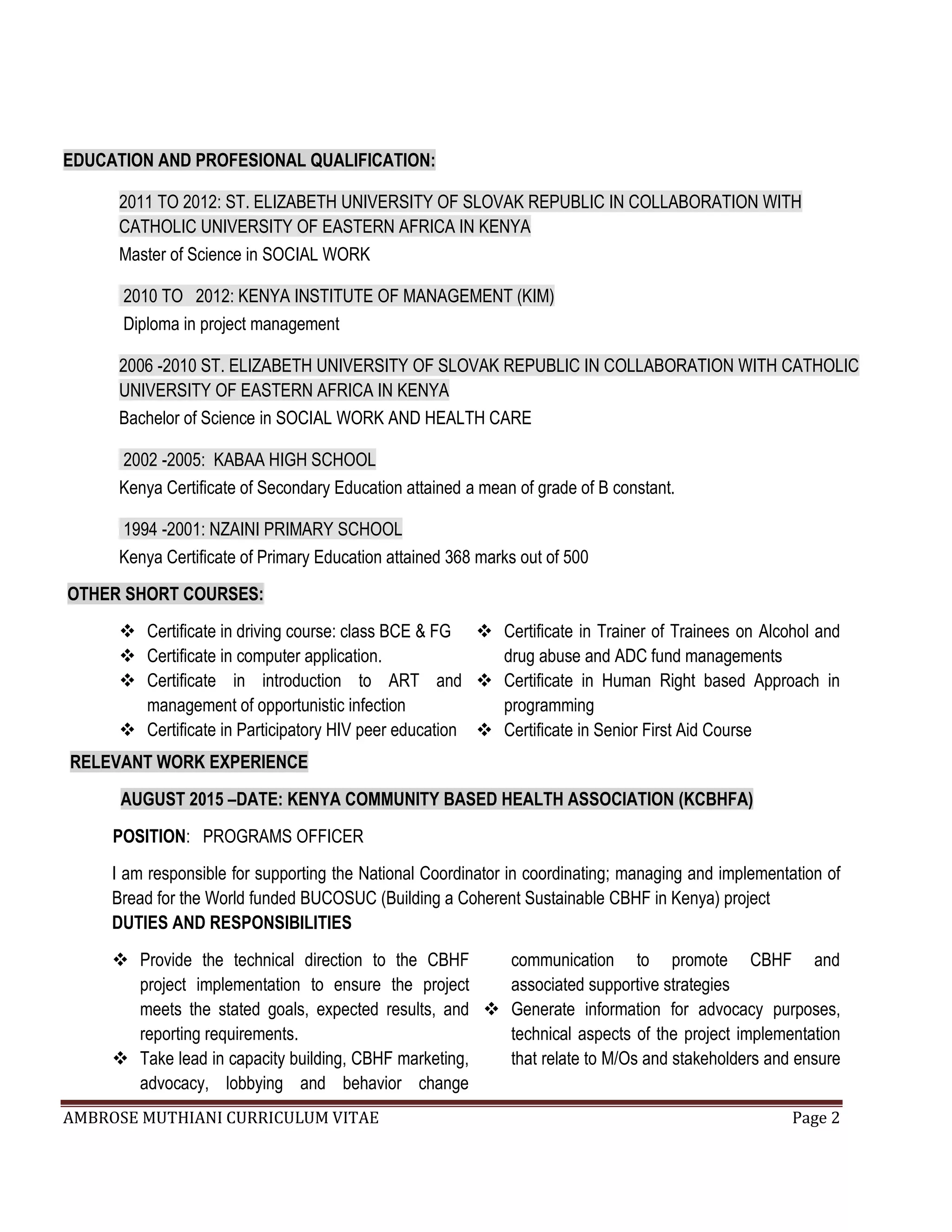 AMBROSE MUTHIANI KOMU CV | PDF