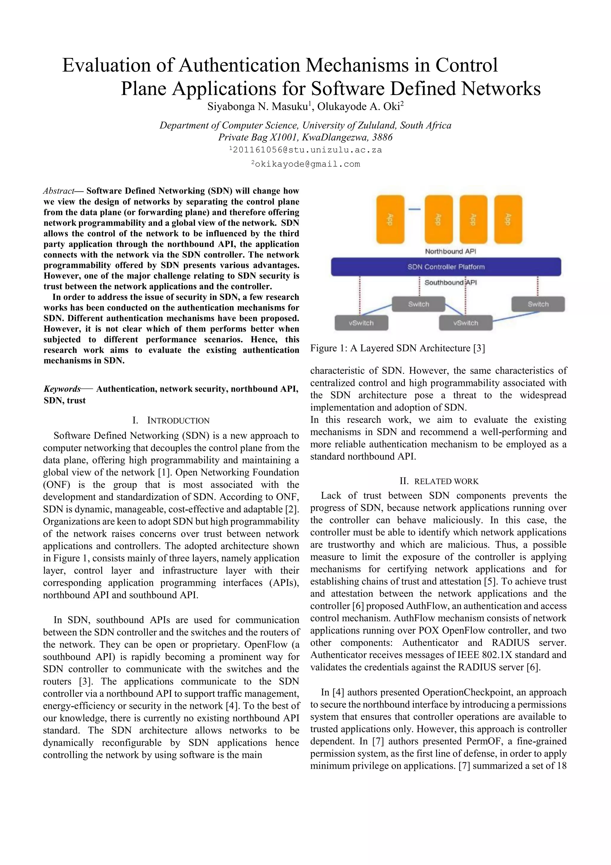 Evaluation of Authentication Mechanisms in Control Plane Applications for Software Defined ...