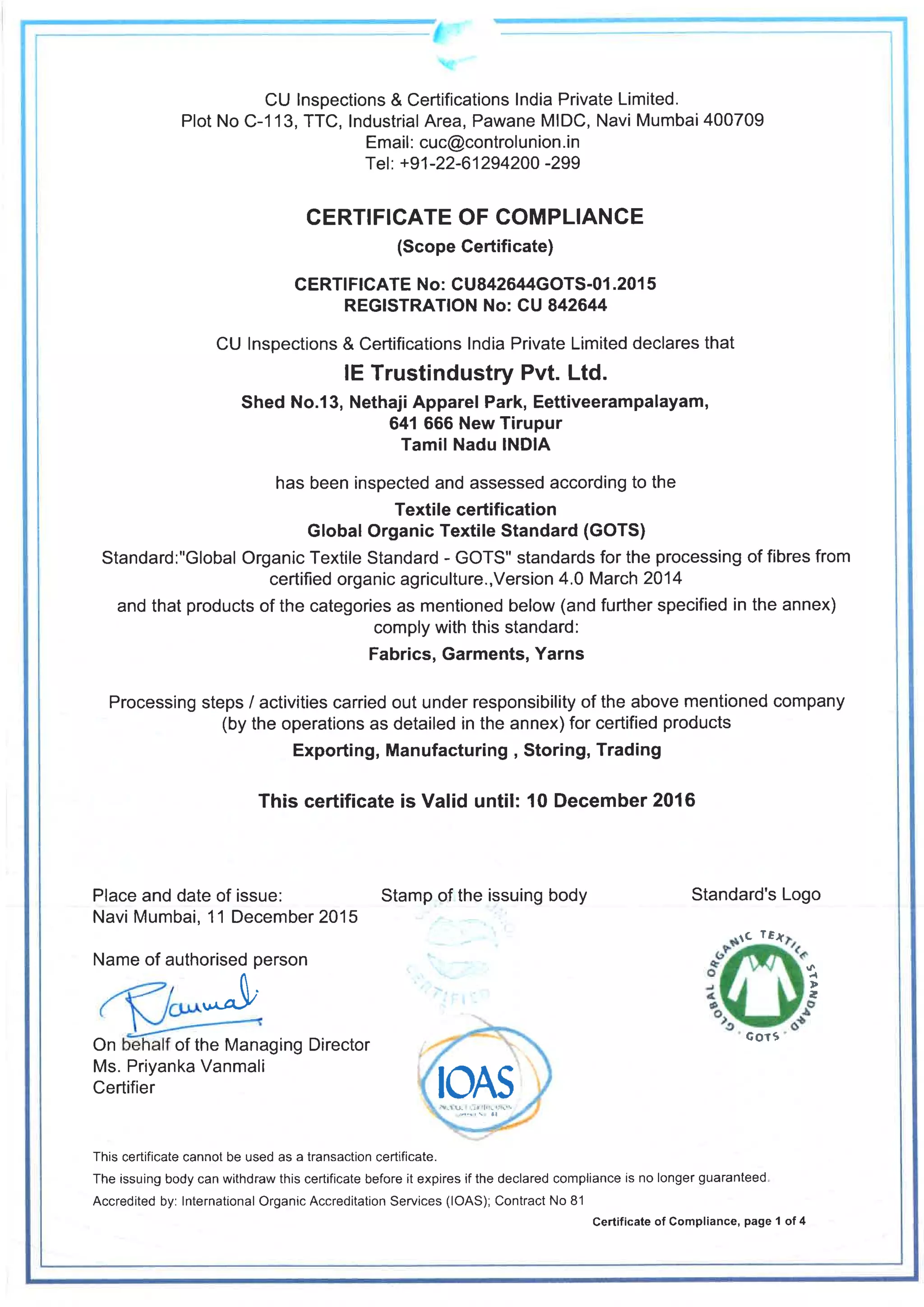 IE Trustindustry Pvt Ltd GOTS CERTIFICATE | PDF