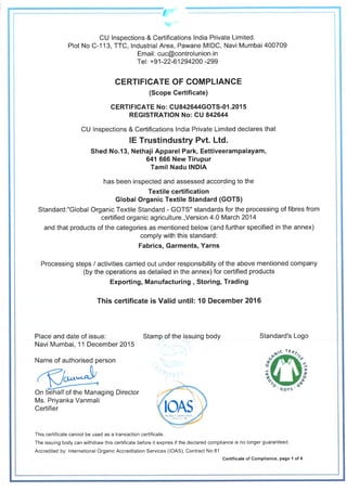 IE Trustindustry Pvt Ltd GOTS CERTIFICATE | PDF