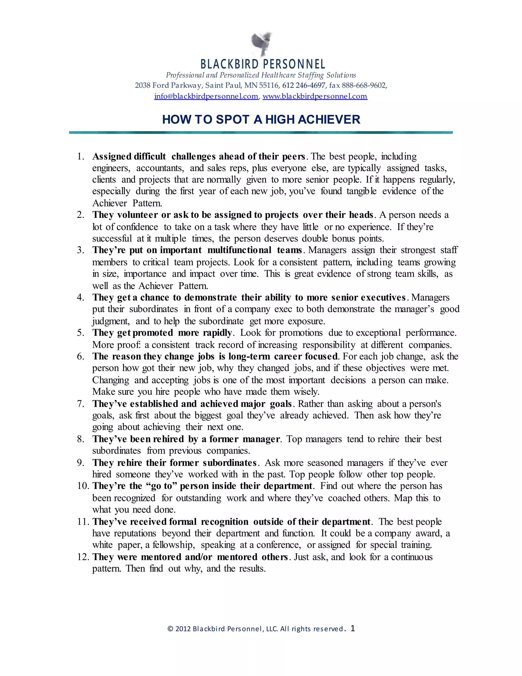 HOW TO SPOT A HIGH ACHIEVER | DOCX | Resume Writing and Advice | Job Search