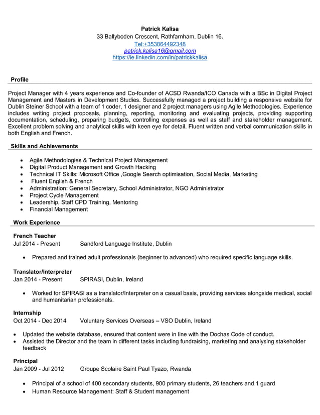 Patrick Kalisa.CV | Professional School | Postgraduate Education