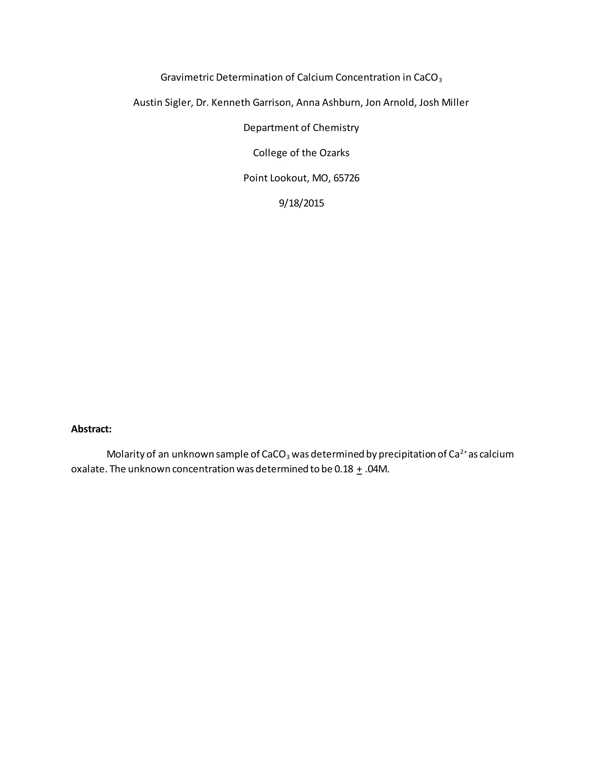 Gravimetric Determination of Calcium Concentration in CaCO3 | DOCX
