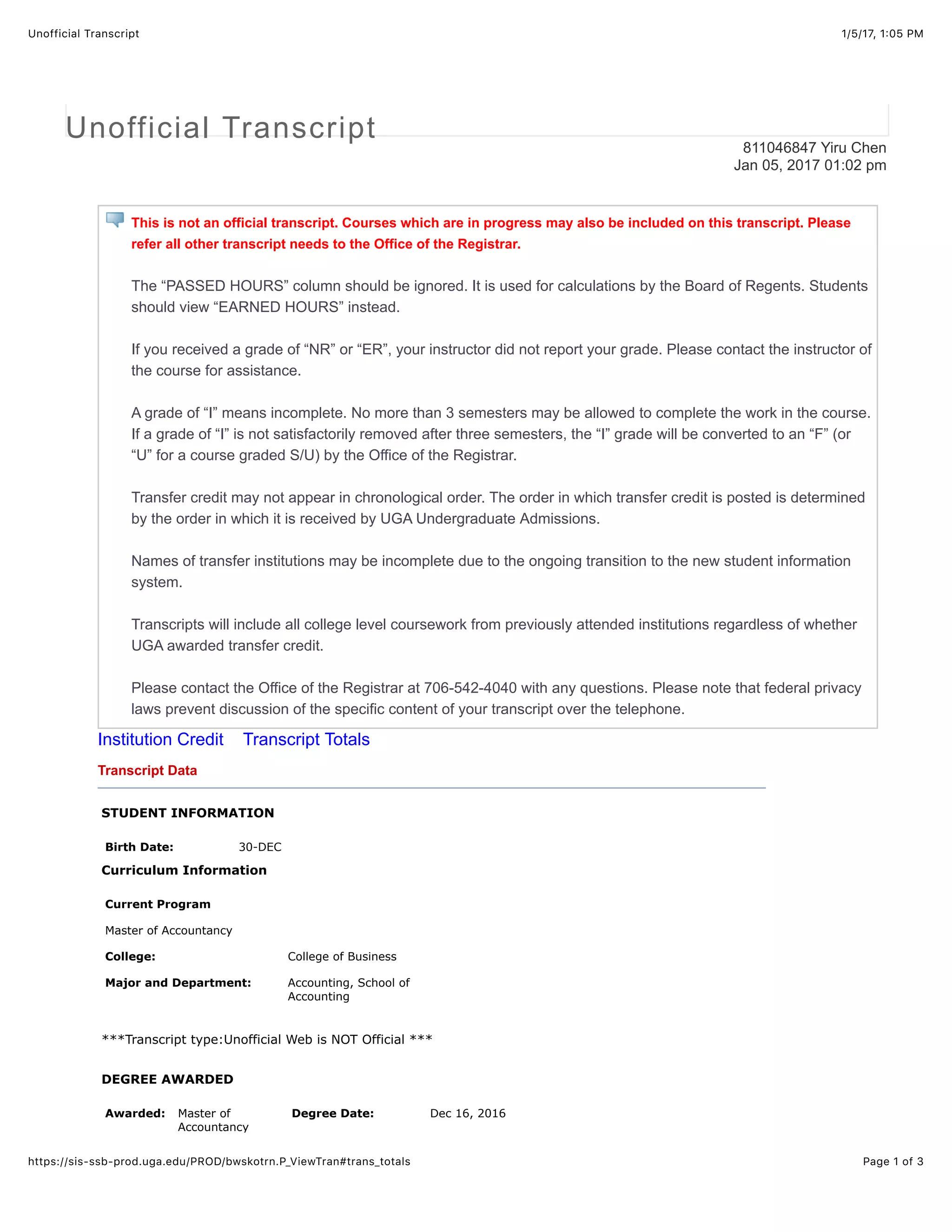 UGA MAcc Unofficial Transcript | PDF | Undergraduate Education ...