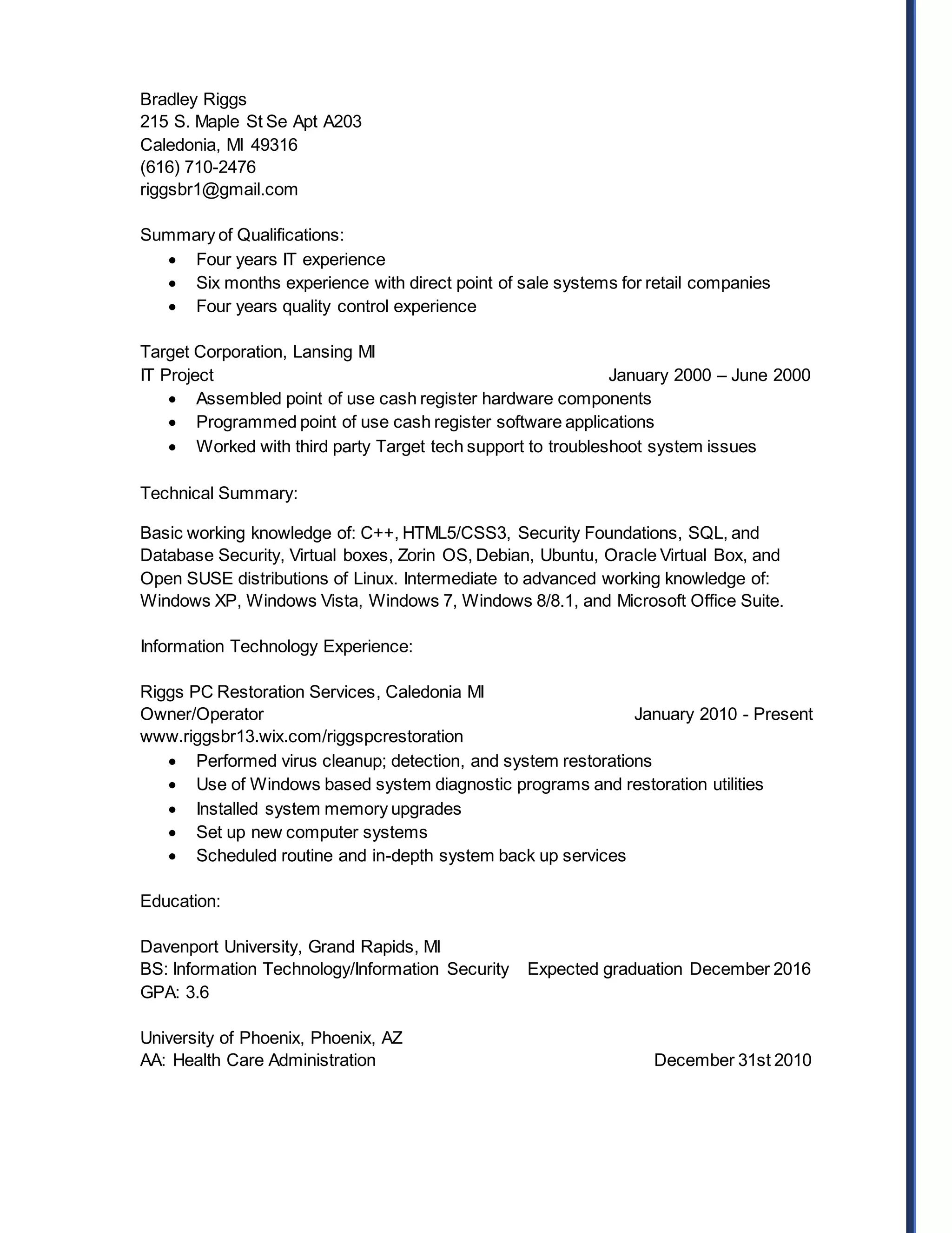 Resume_BradleyRiggs_OtterBase | DOCX | Operating Systems | Computer ...