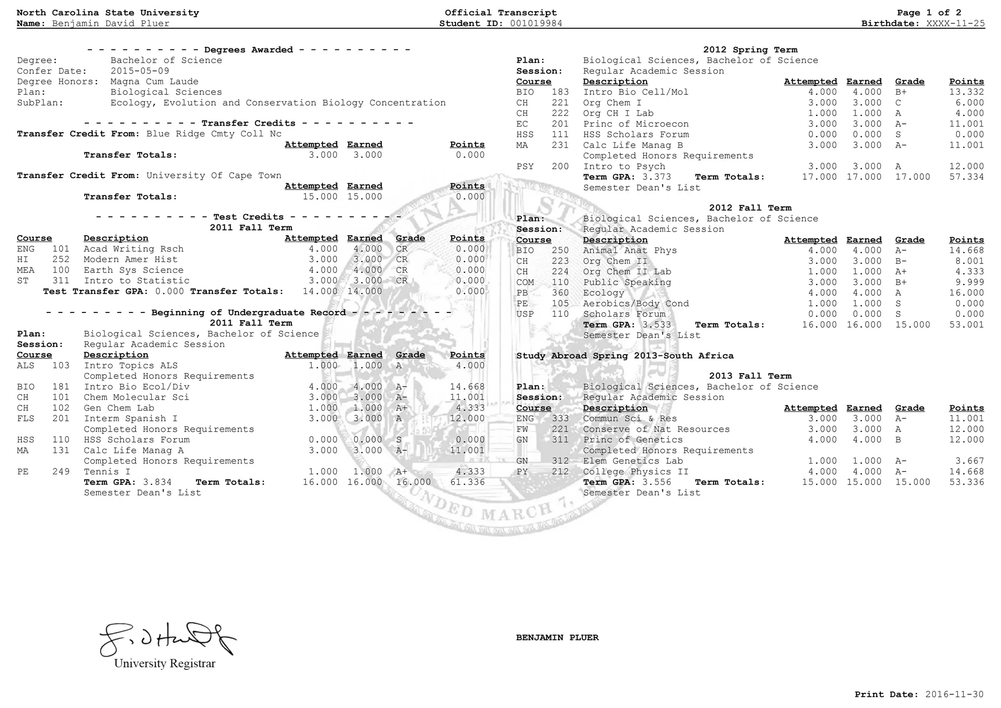 NC State Official Final Transcript | PDF
