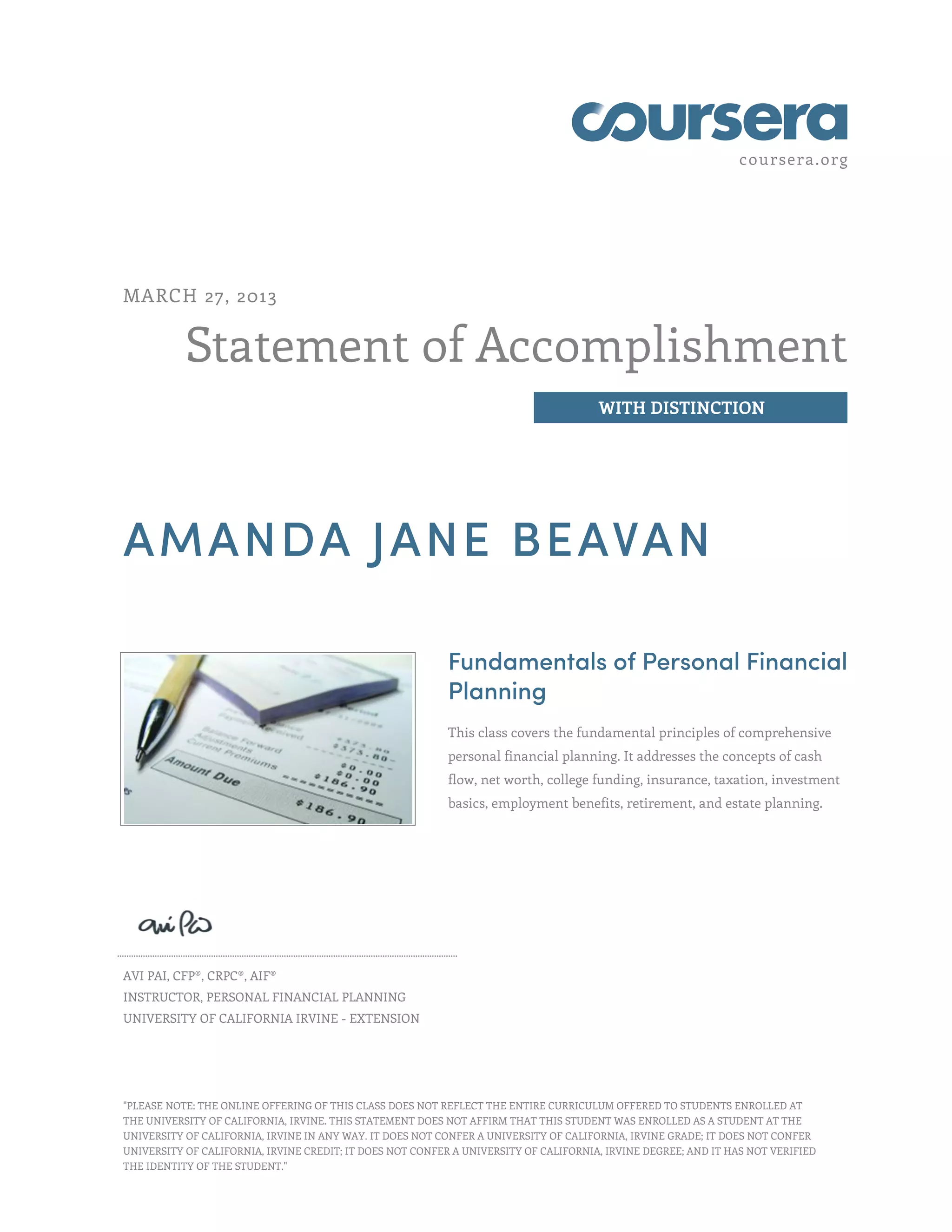 certificate . Fundamentals of pers finance | PDF