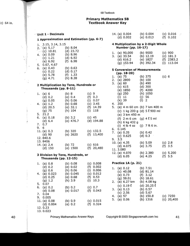 Singapore Math - 5B - Answer Keys | PDF
