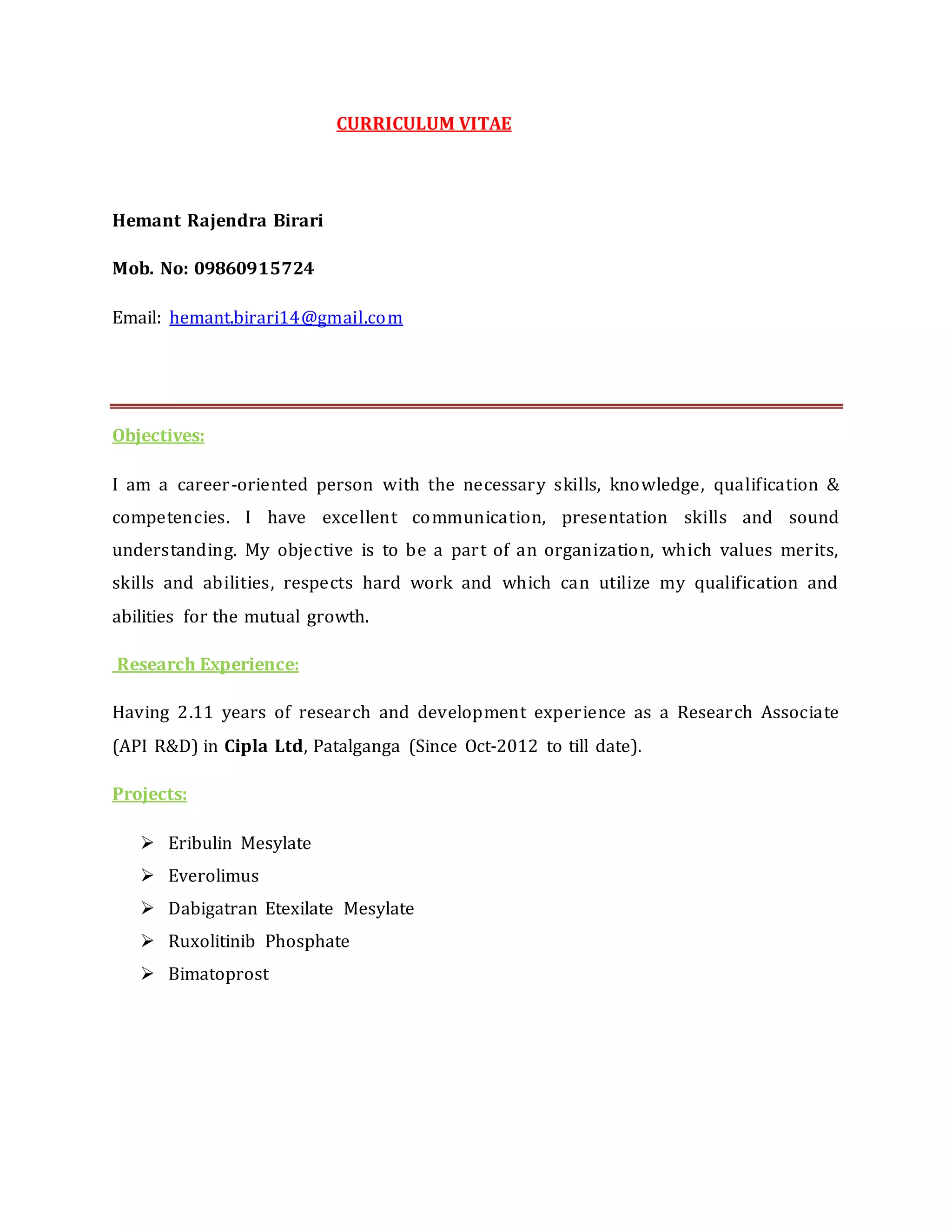 Hemant Cv | DOCX | Chemistry | Science