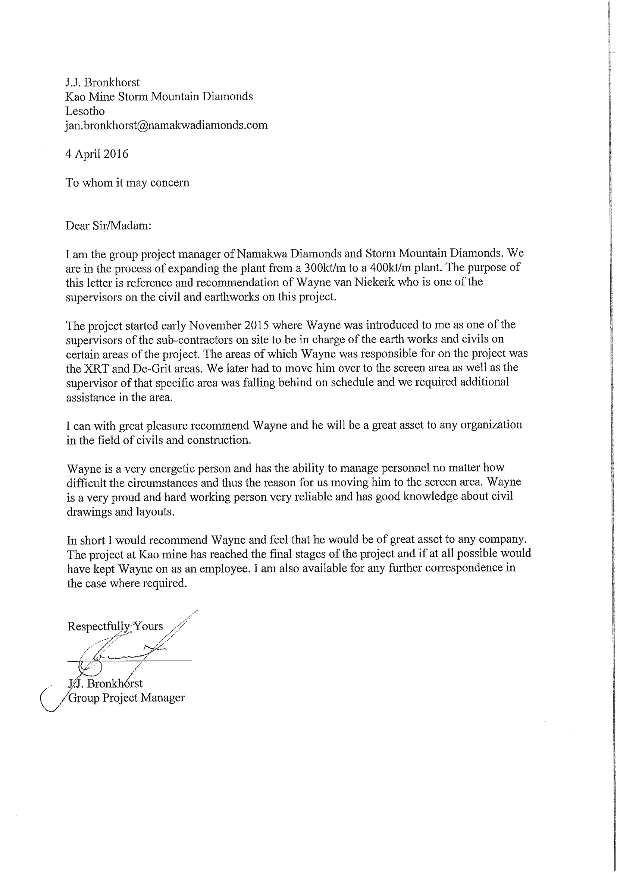wayne ref letter - Jan Bronkhorst | PDF