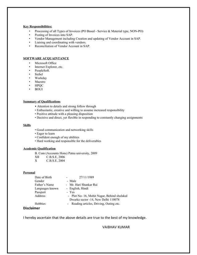 Vaibhav Kumar Resume | DOC | Human Resources | Business