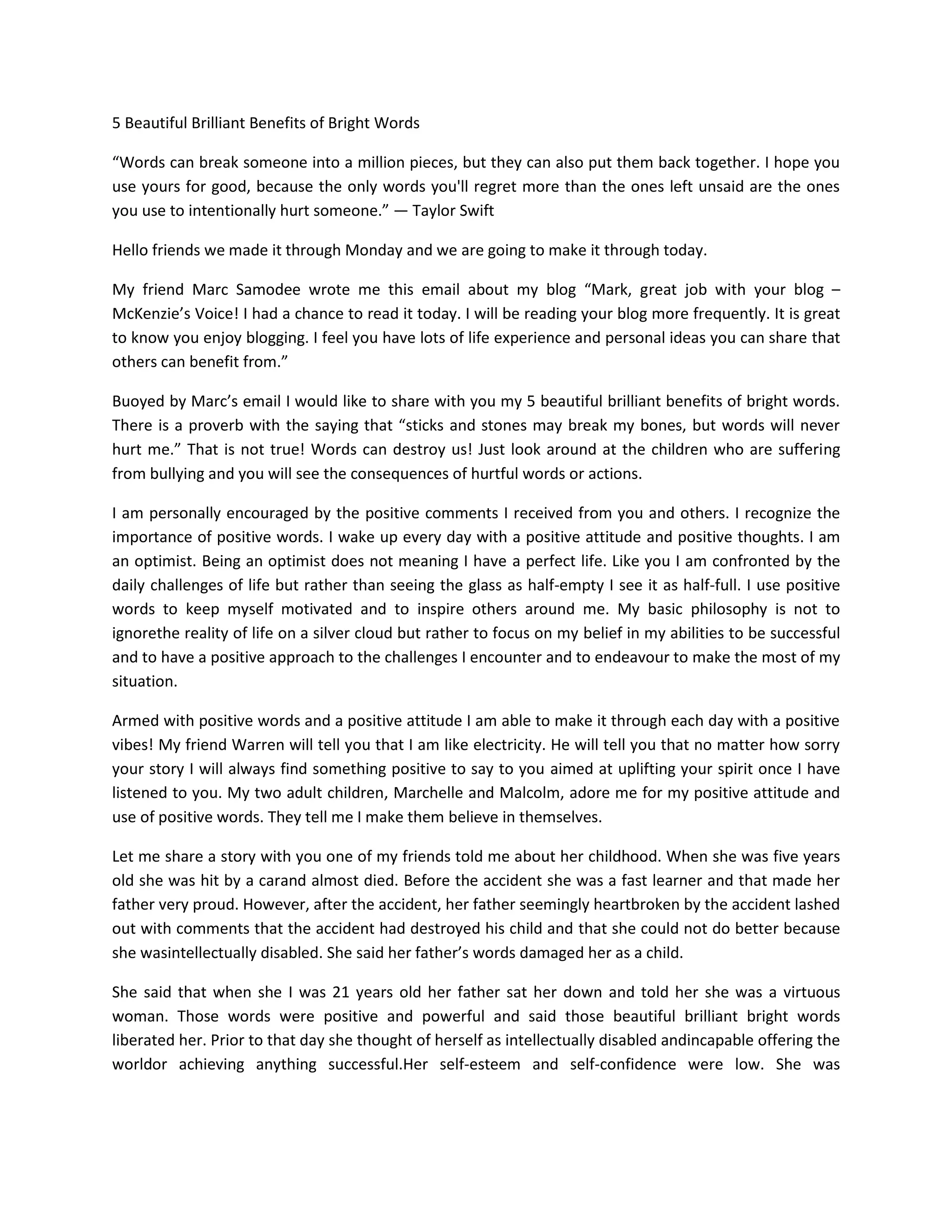 5 Beautiful Brilliant Benefits of Bright Words | DOCX