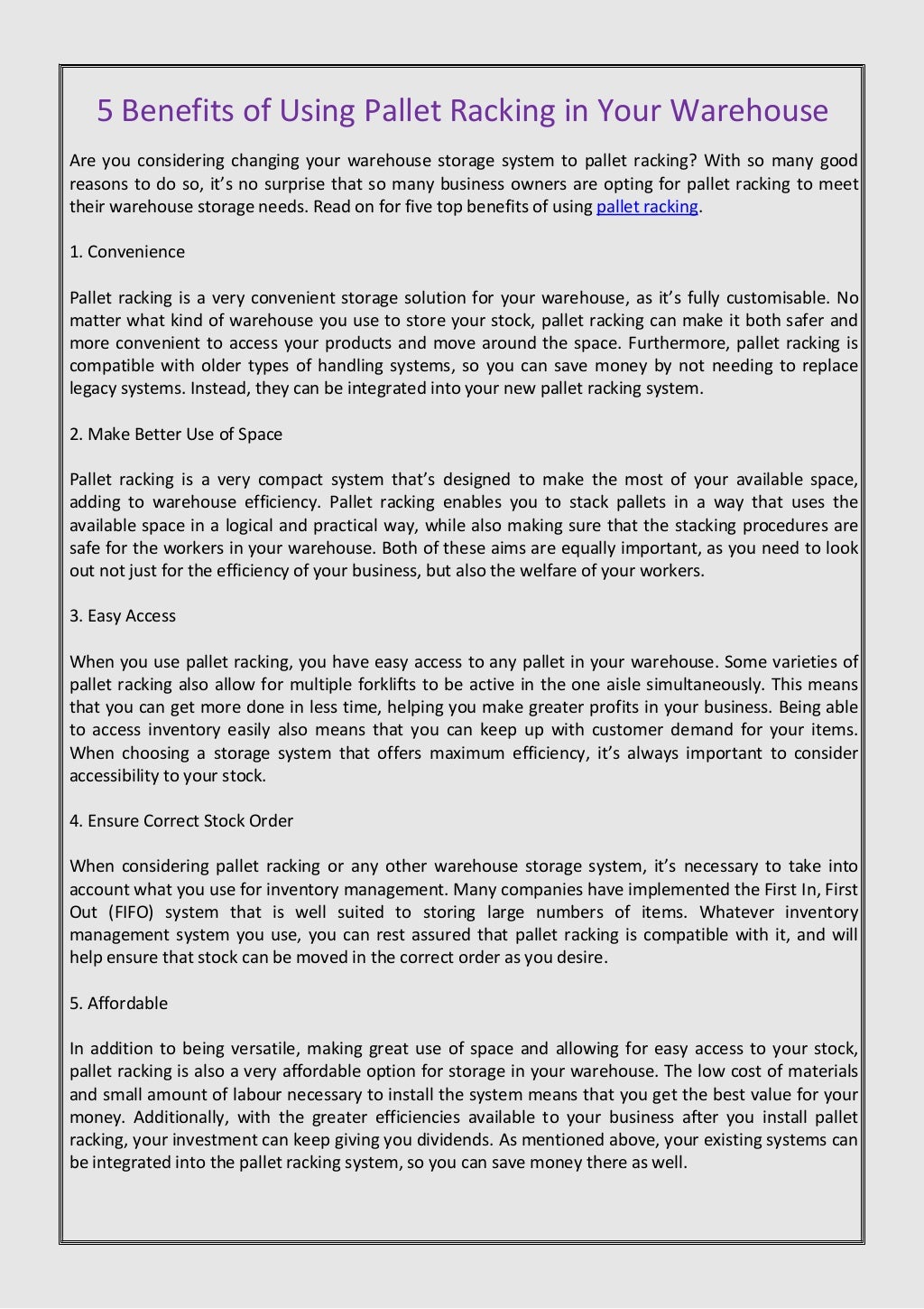 5 benefits of using pallet racking in your warehouse