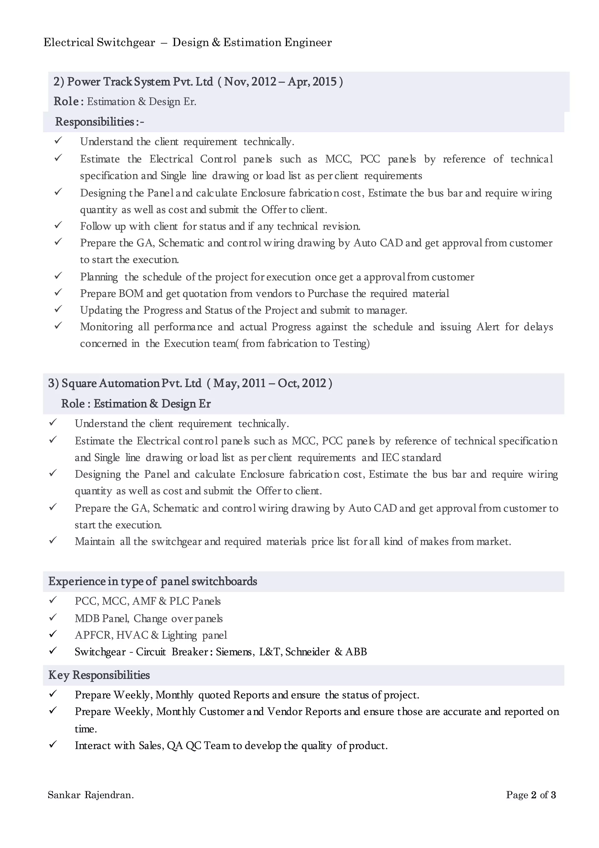 Sankar_Electrical Design & Est. Engineer | PDF