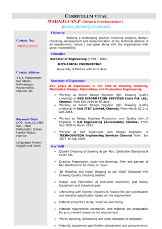 P.MAHADEVAN - RESUME------ | PDF