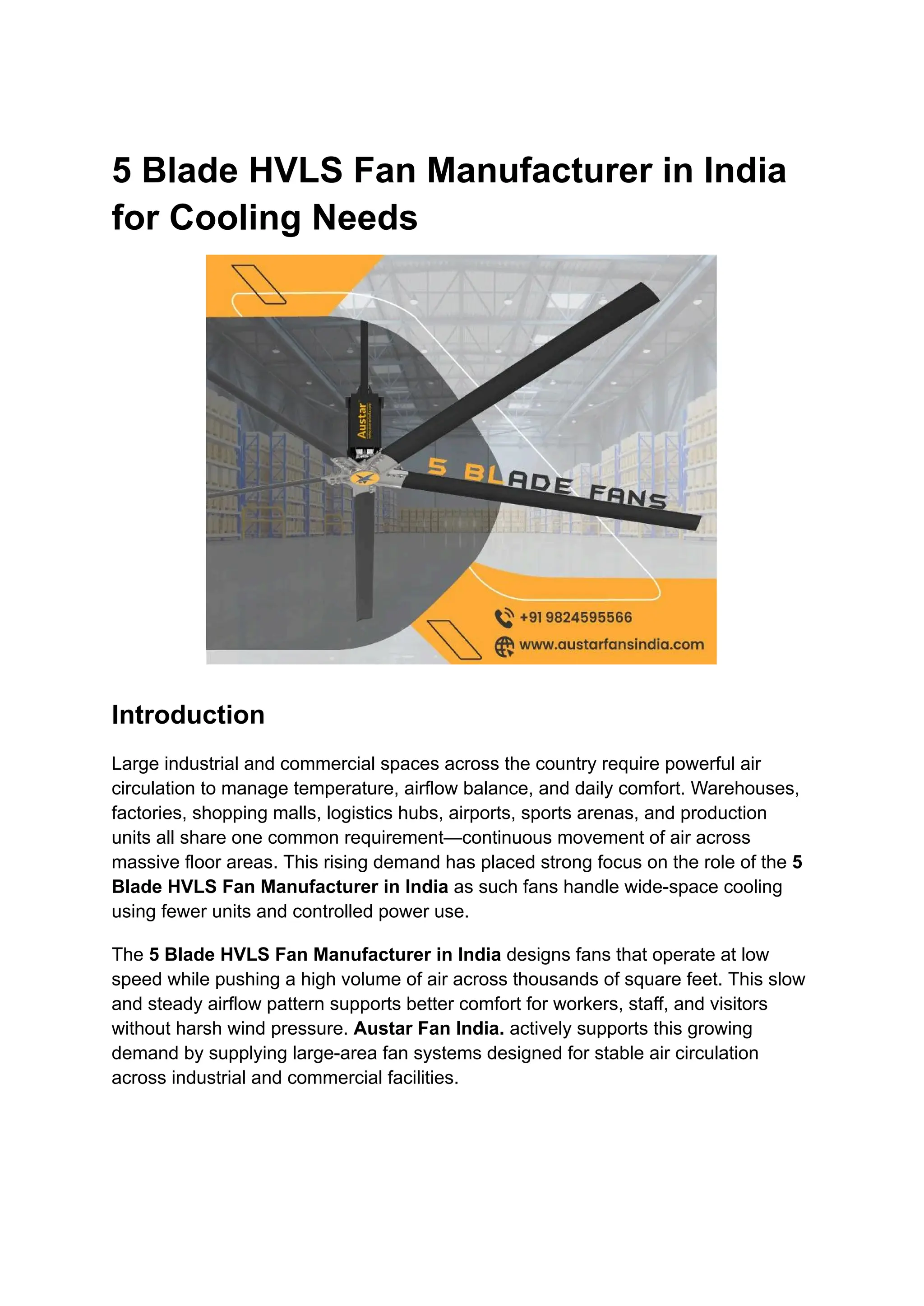 5 Blade HVLS Fan Manufacturer in India for Cooling Needs | PDF